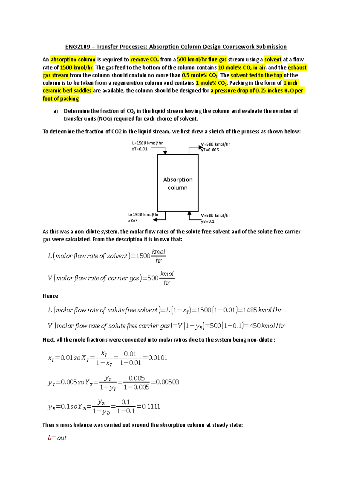 Mass Transfer CW Write-Up - ENG2109 – Transfer Processes: Absorption ...