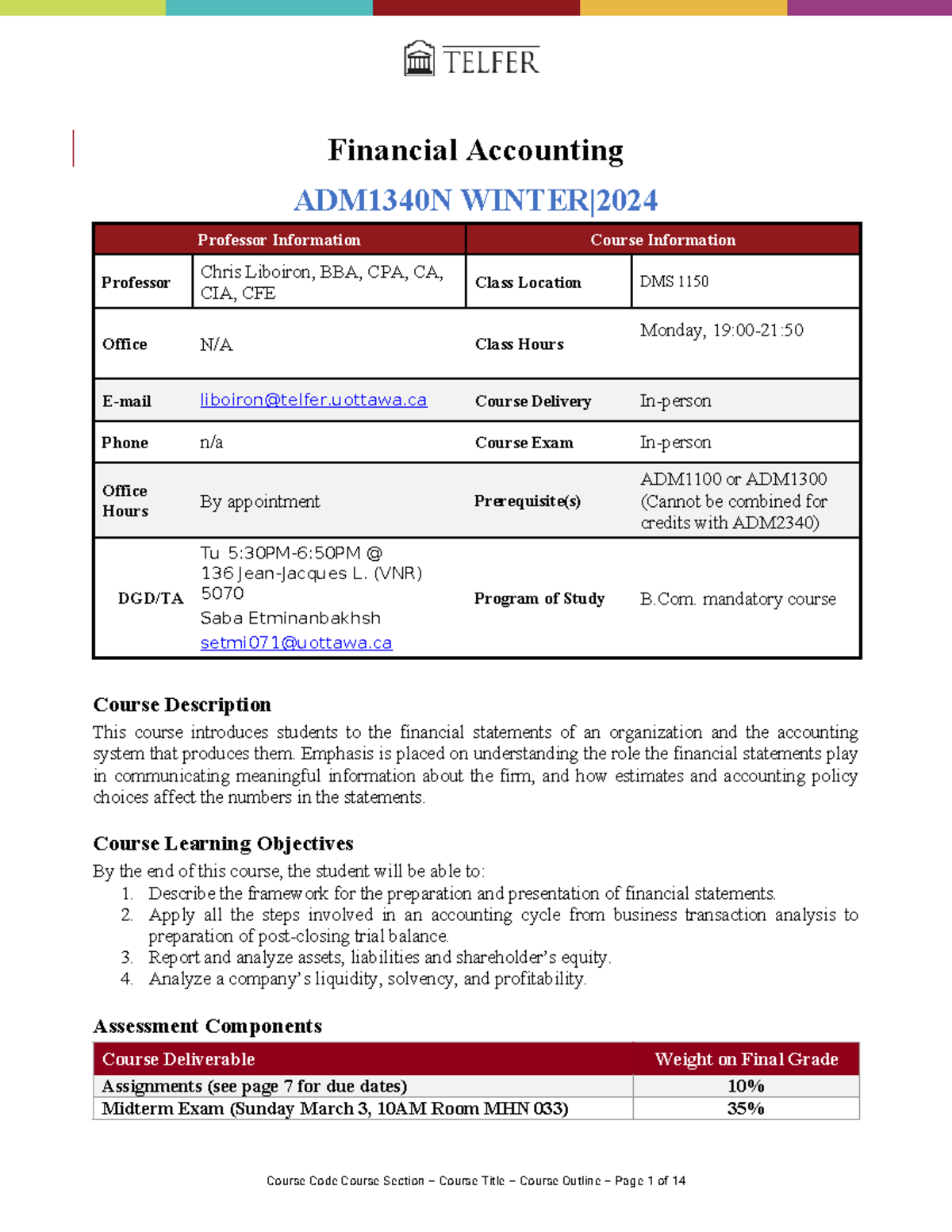 ADM1340 N Syllabus Winter Final 2024 - Financial Accounting ADM1340N ...