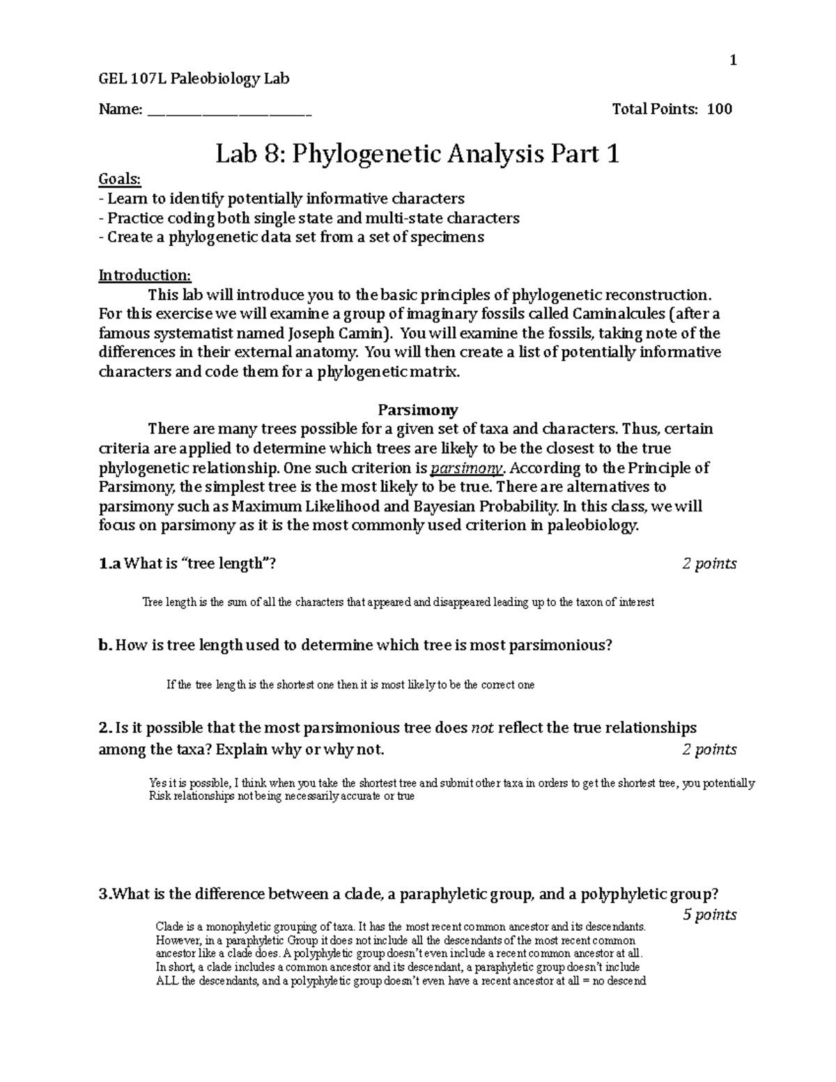 Gel 107 8 - Lab - GEL 107L Paleobiology Lab Name ...