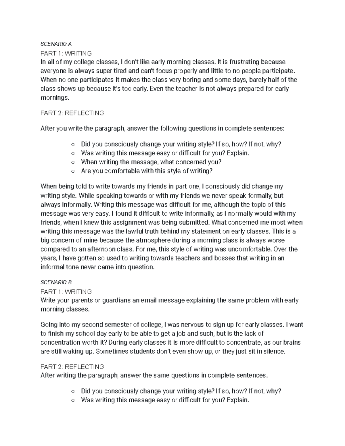 Shifting styles - SCENARIO A PART 1: WRITING In all of my college ...