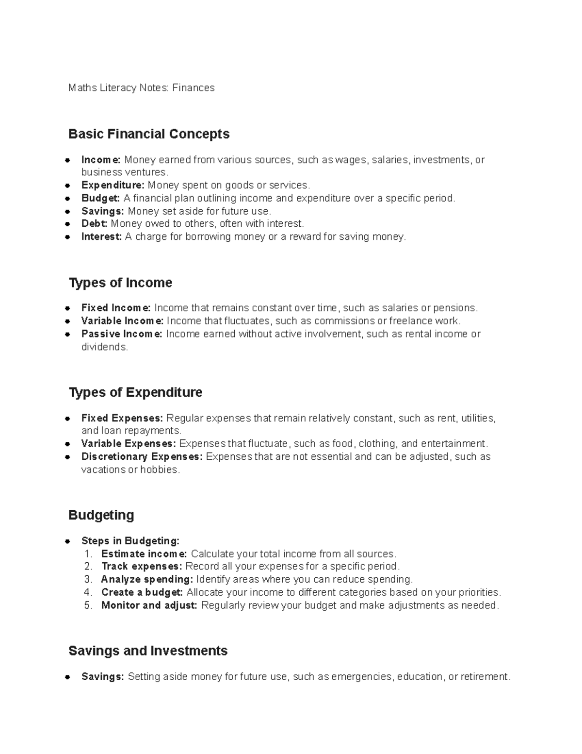 Maths lit based on finances - Maths Literacy Notes: Finances Basic ...