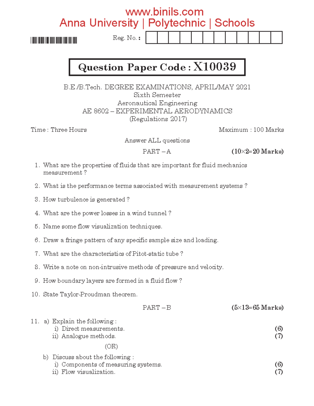 EAD qp 2021 - Experimental Aerodynamics University Question Paper ...