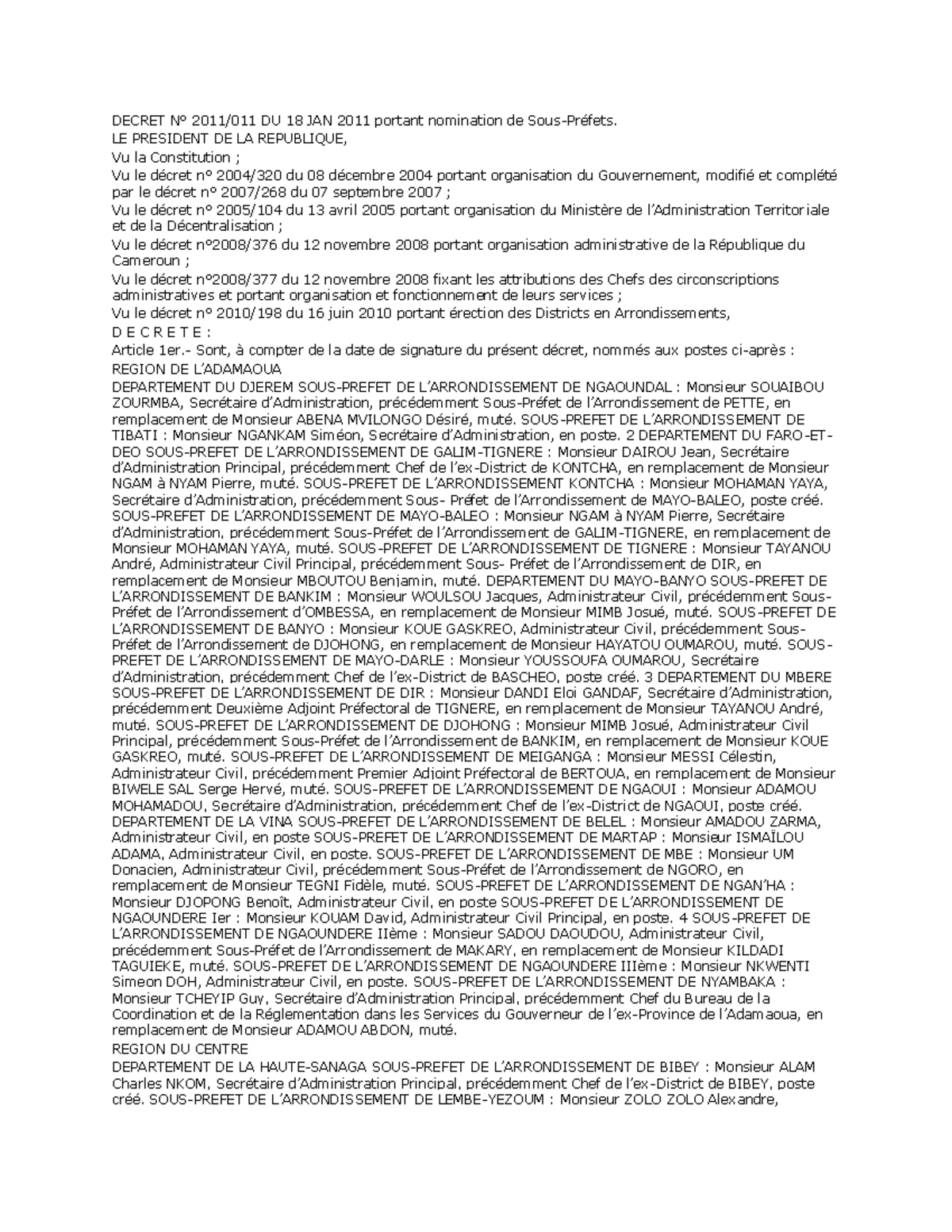 Decret N° 2011 011 DU 18 JAN 2011 portant nomination de Sous-Préfets ...