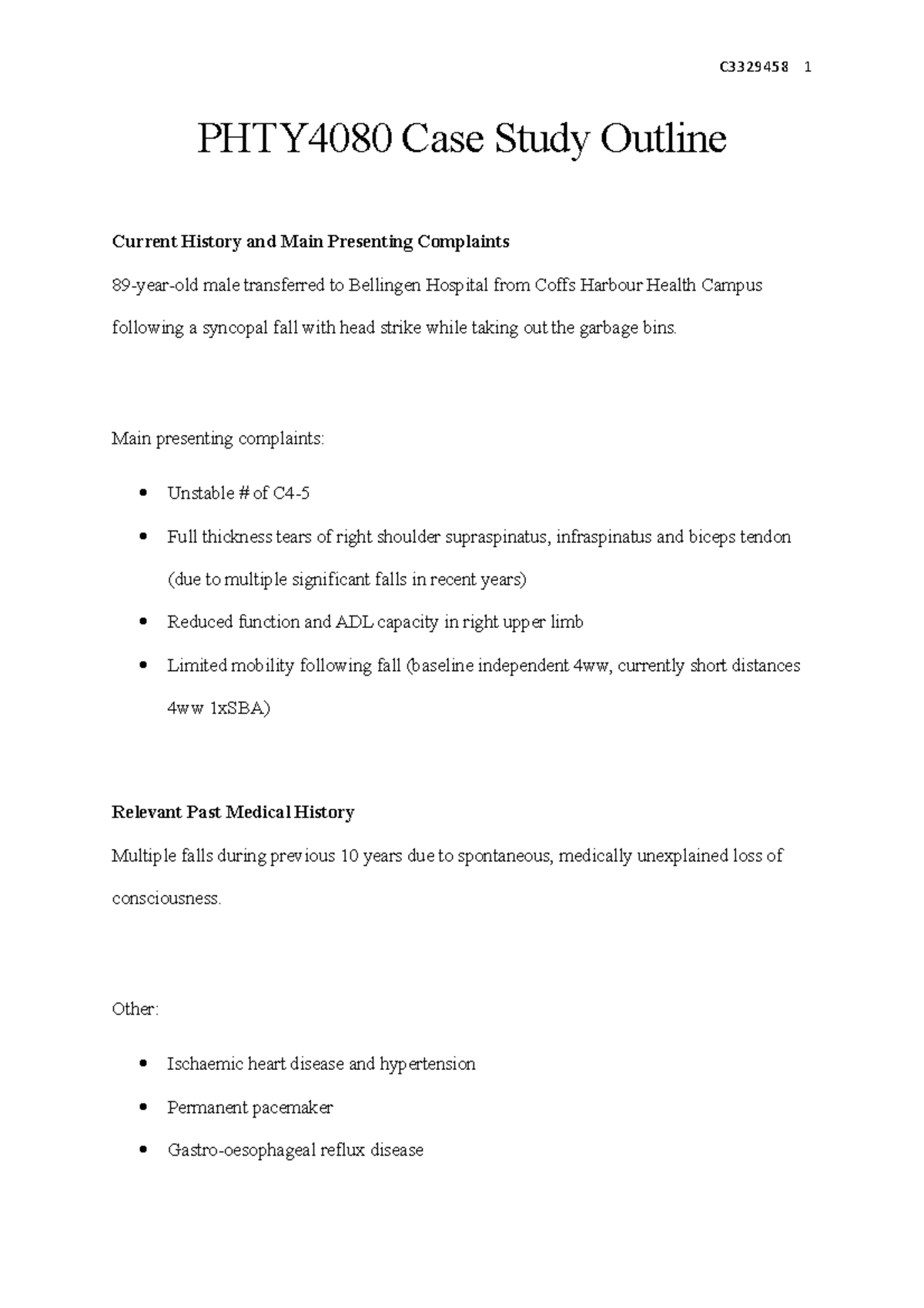 Hurdle Task: Case Outline - PHTY4080 Case Study Outline Current History ...