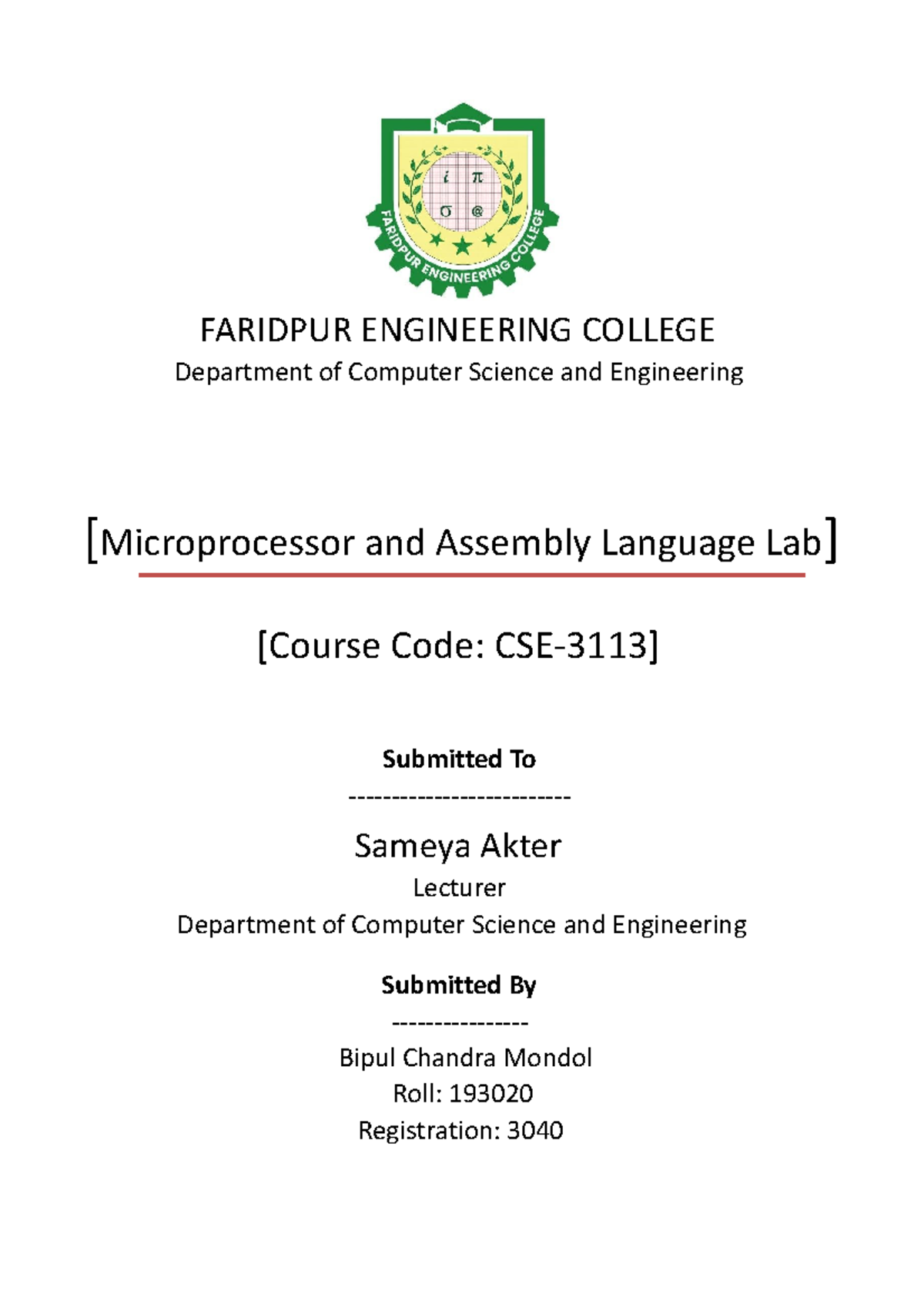 3113 Lab Report - Assemply Language Lab - FARIDPUR ENGINEERING COLLEGE ...