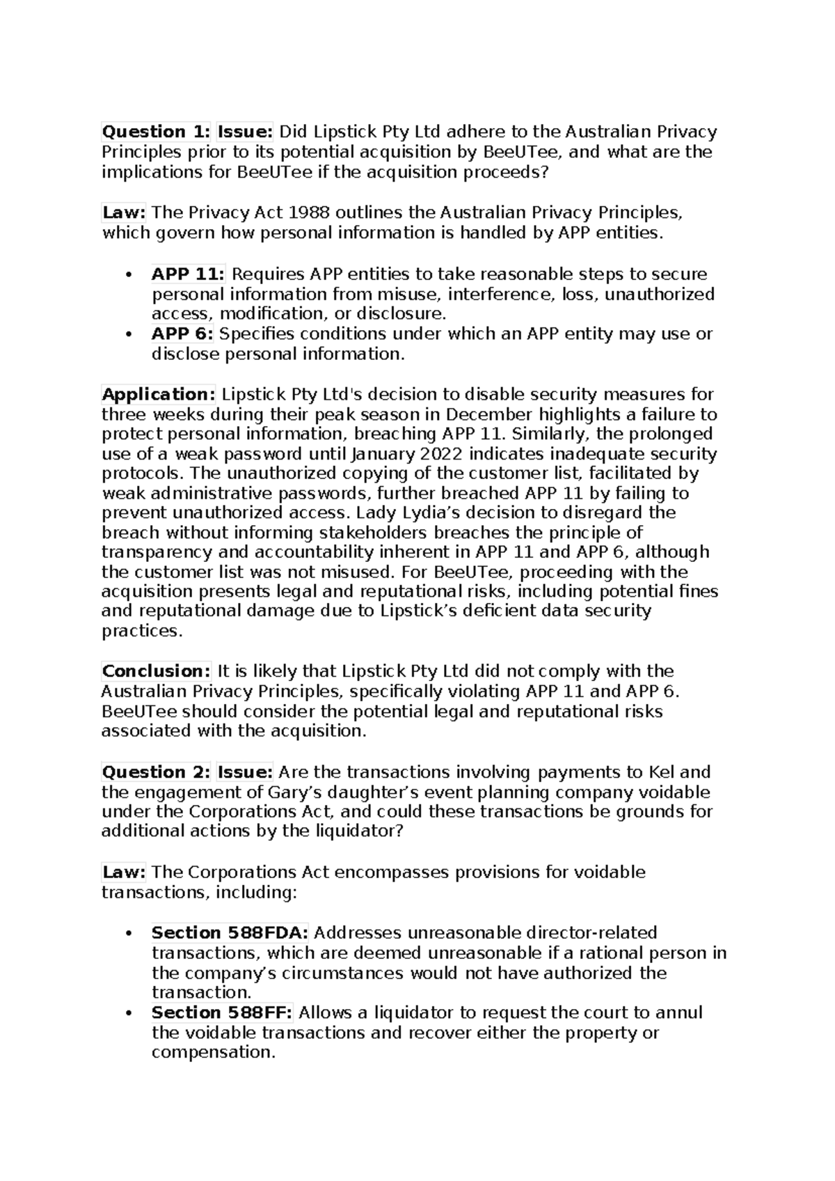 Tutorial 10 Corporate Law - Question 1: Issue: Did Lipstick Pty Ltd ...