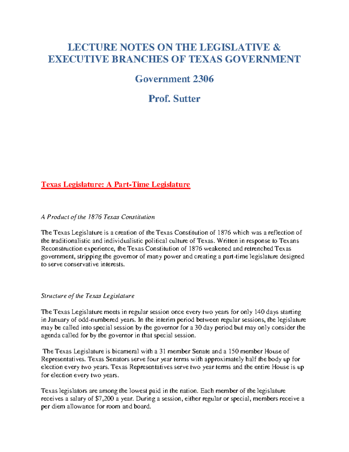 Texas Government Lecture Notes - LECTURE NOTES ON THE LEGISLATIVE ...