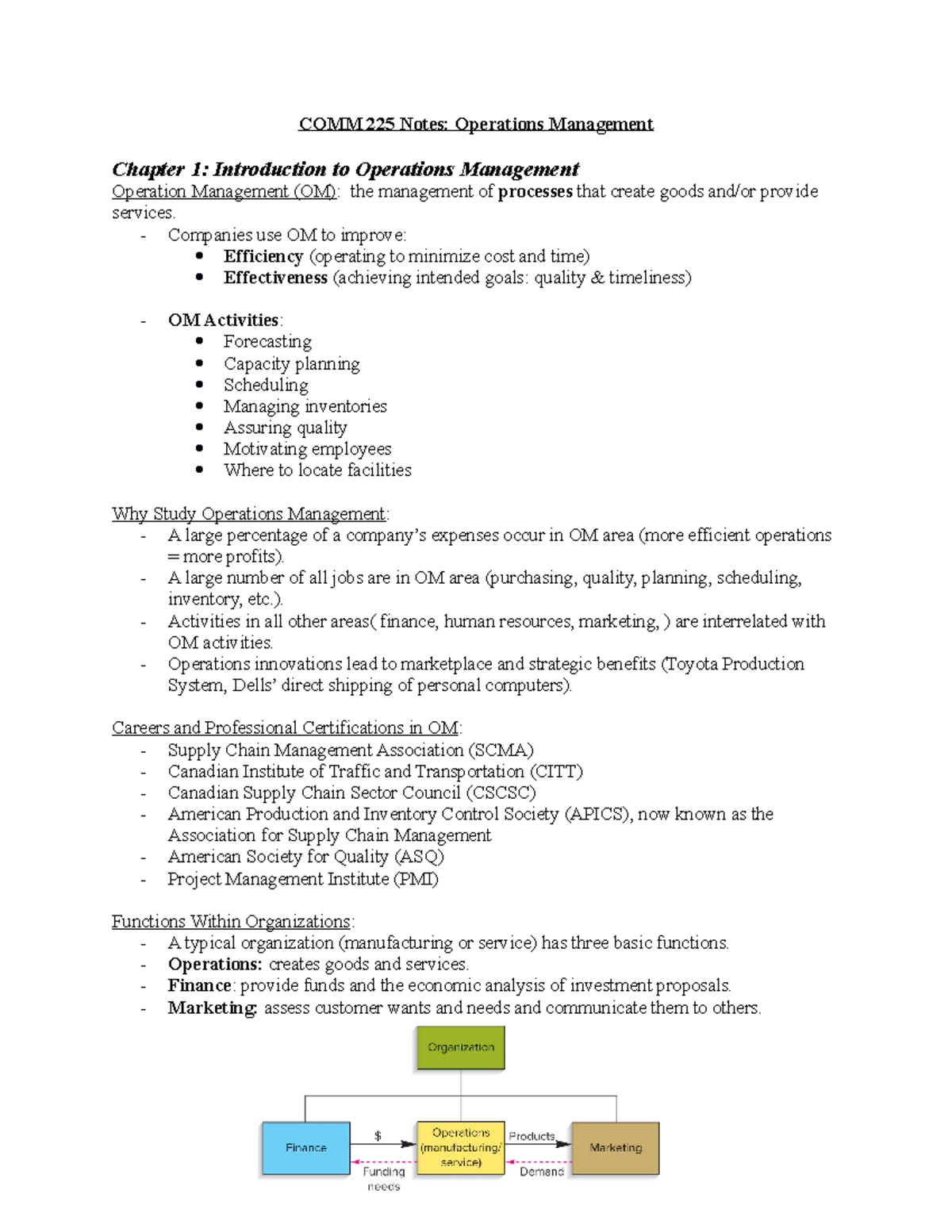 COMM 225 Notes - COMM 225 Notes: Operations Management Chapter 1 ...