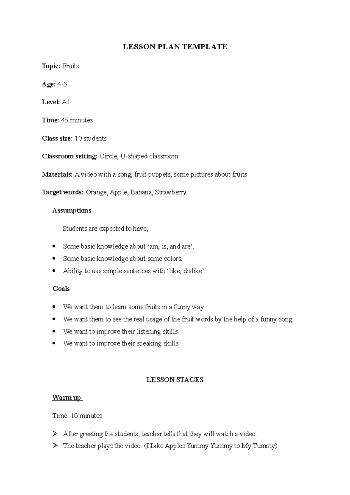 Teaching Fruits to young learners - LESSON PLAN TEMPLATE Topic: Fruits ...