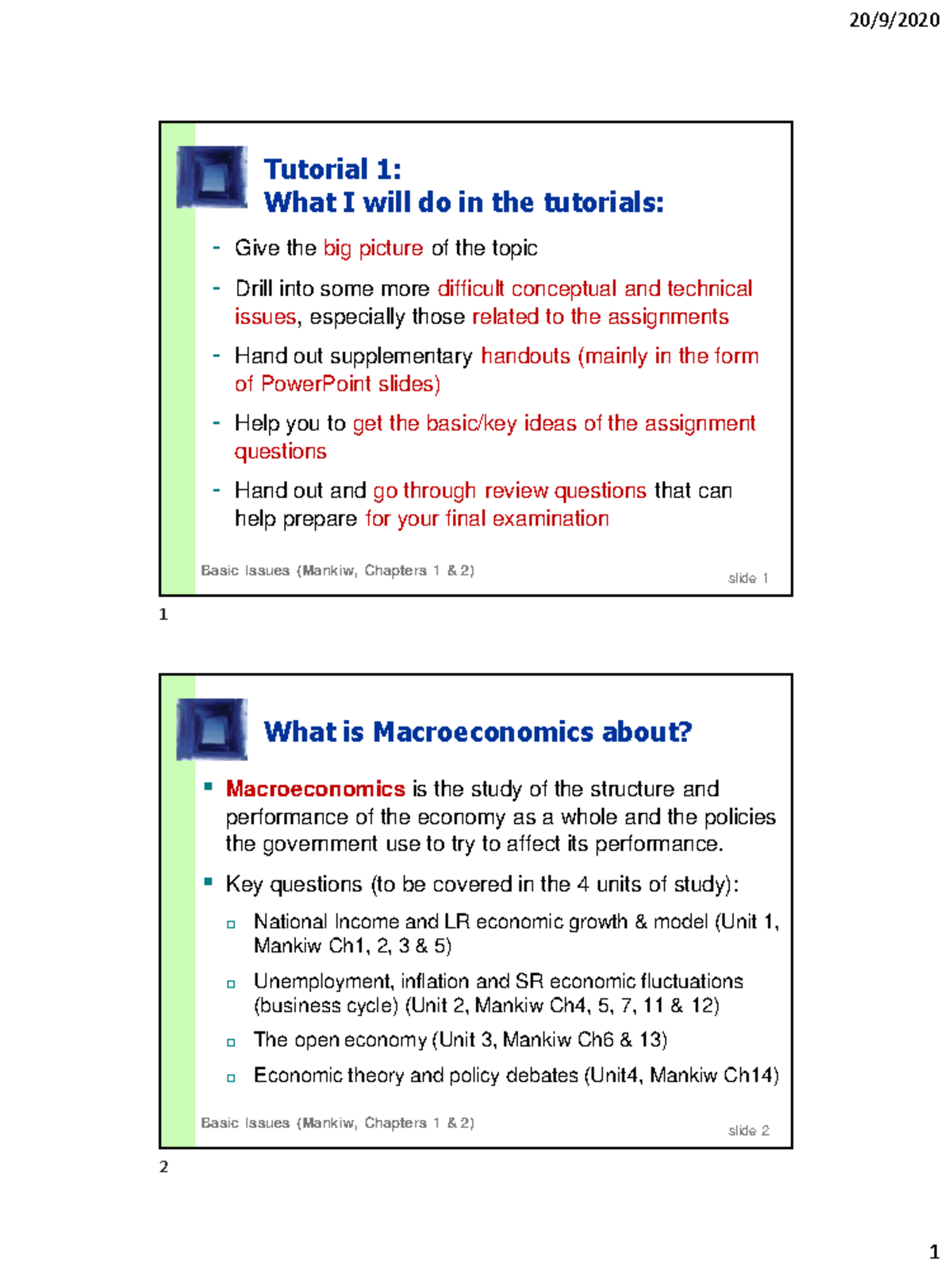 Tutorial 1 23 Sept 2020 - Macroeconomics - Basic Issues (Mankiw ...