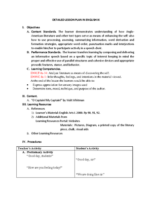 Detailed Lesson Plan in Literature for Grade 7 Students - Objectives A ...