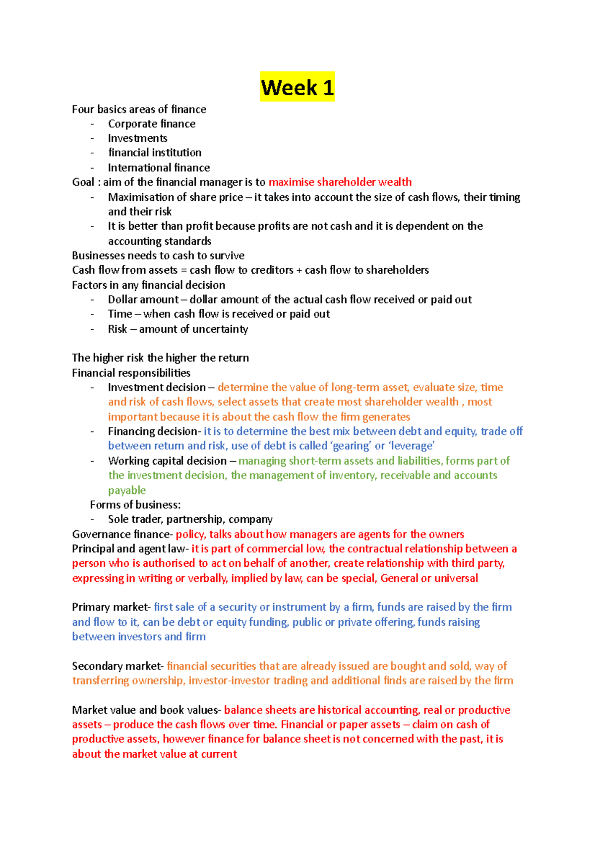 Week 1 - Week 1 Notes - Week 1 Four basics areas of finance - Corporate ...