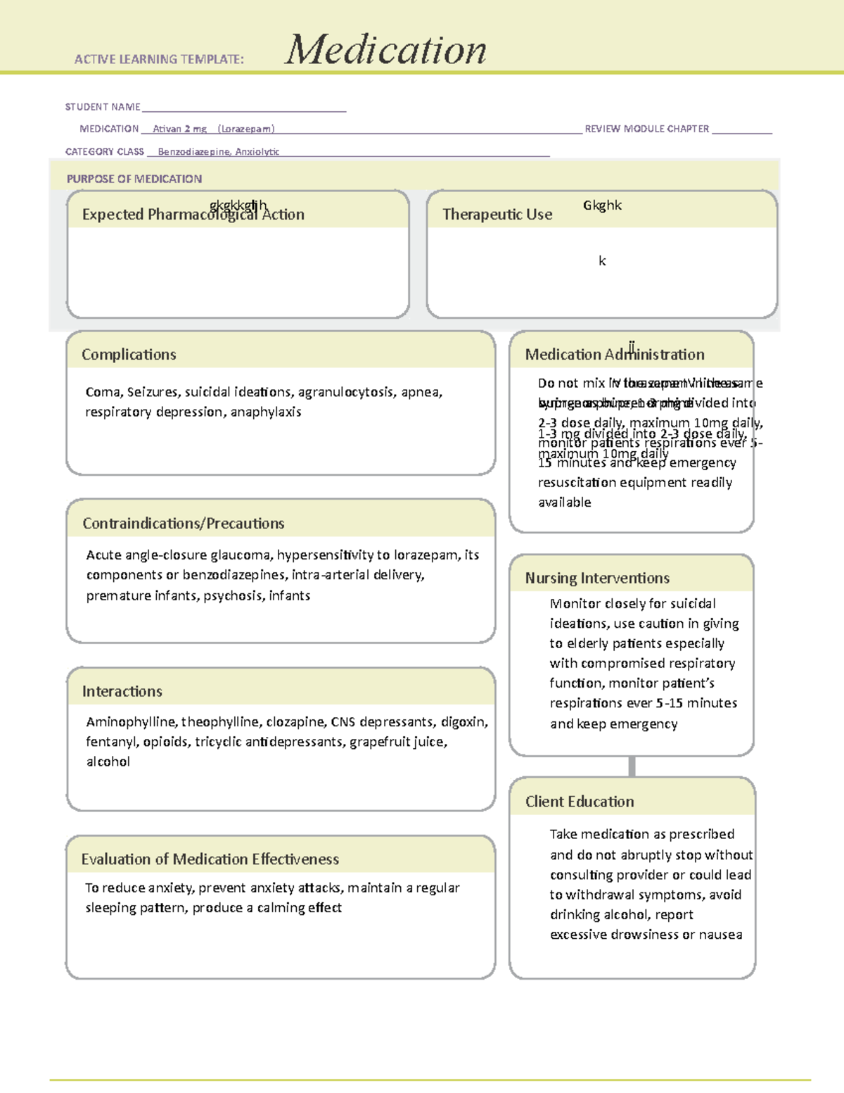 Ativan Medication Template - NURS 3210 - Studocu