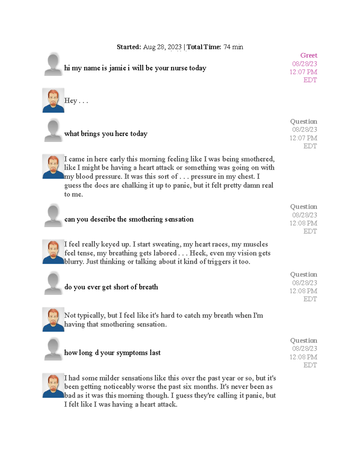 Shadow Health anxiety transcript - Started: Aug 28, 2023All Lines (173 ...