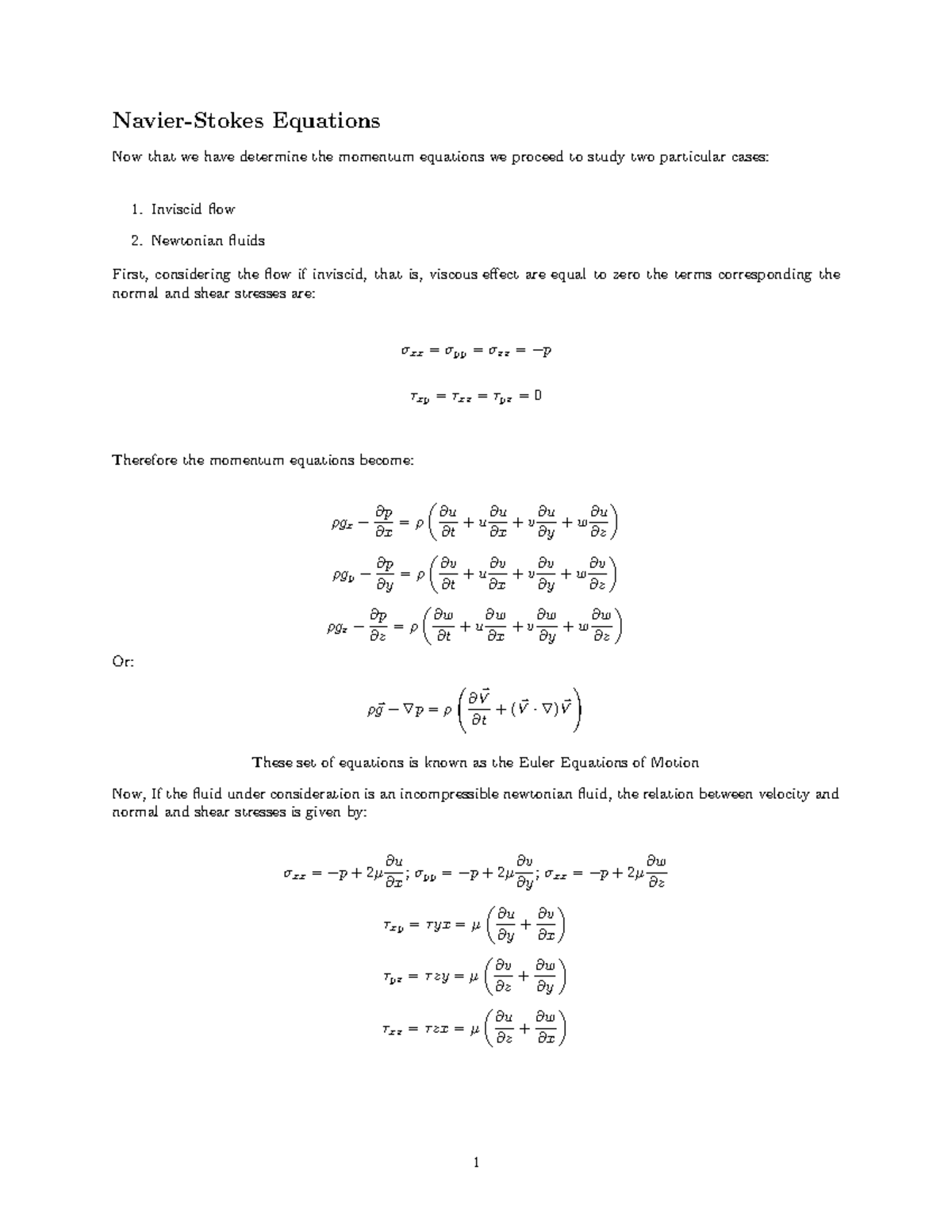 Me 3560 handout 3 - navier-stokes equations - Navier-Stokes Equations ...