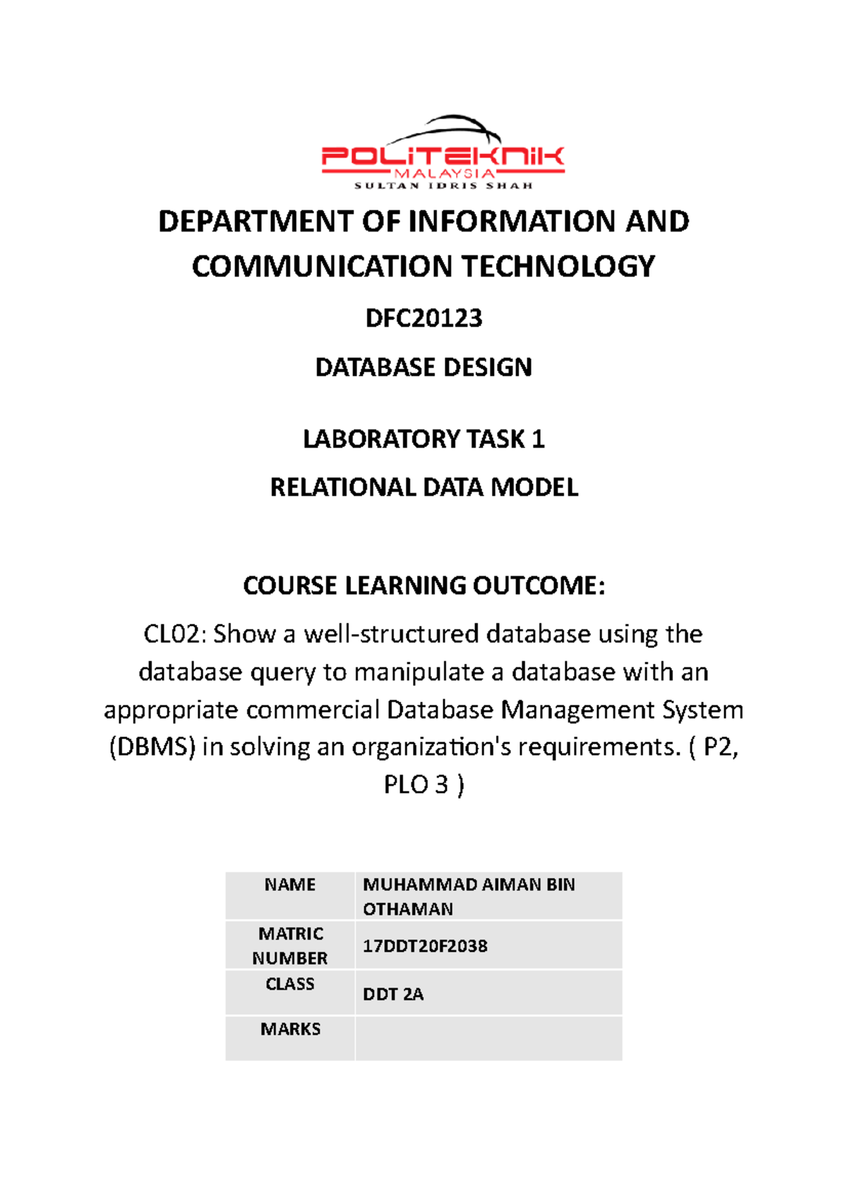 Laboratory Task 1 - srd - DEPARTMENT OF INFORMATION AND COMMUNICATION TECHNOLOGY DFC DATABASE ...