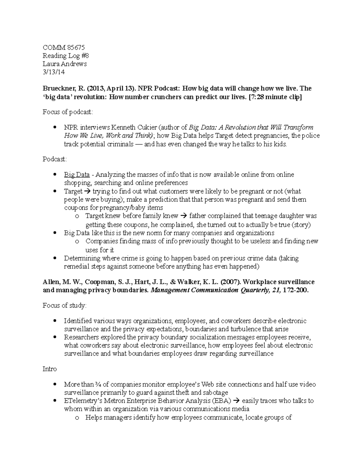 Reading Log CPM in Health - COMM 85675 Reading Log # Laura Andrews 3/13 ...