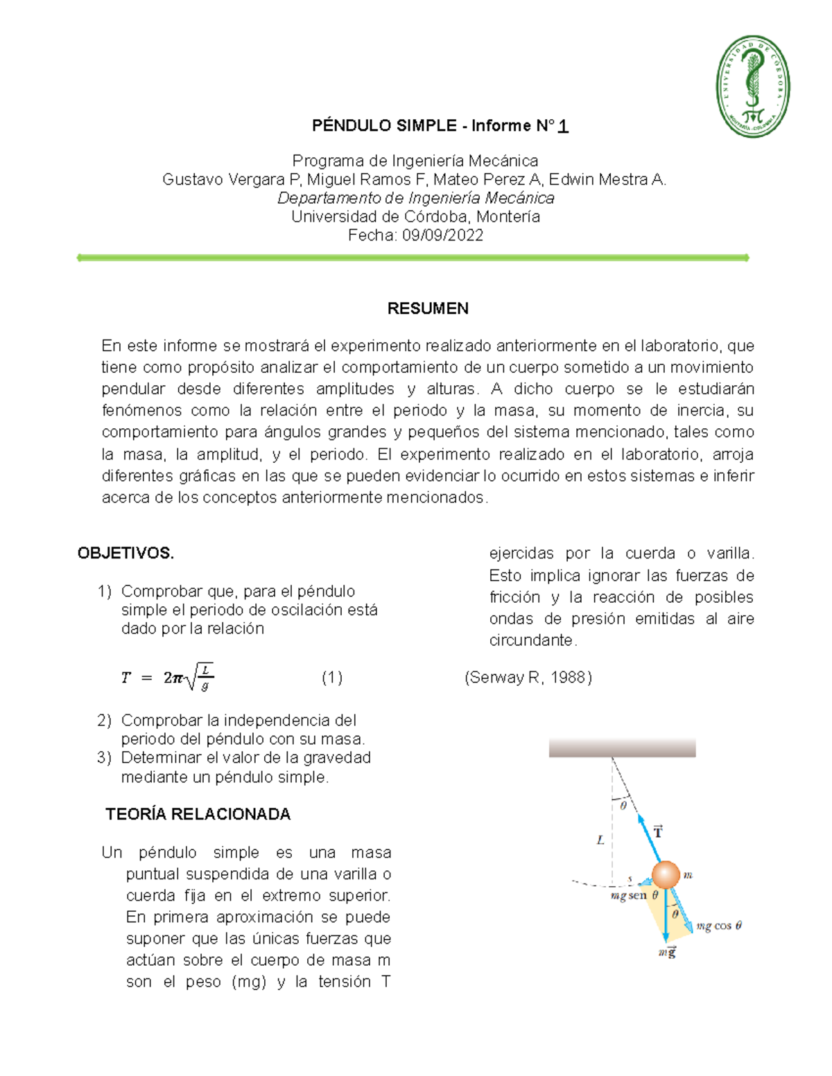 Informe Lab. 1 Fisica III Pendulo - PÉNDULO SIMPLE - Informe N° 1 Programa de Ingeniería ...