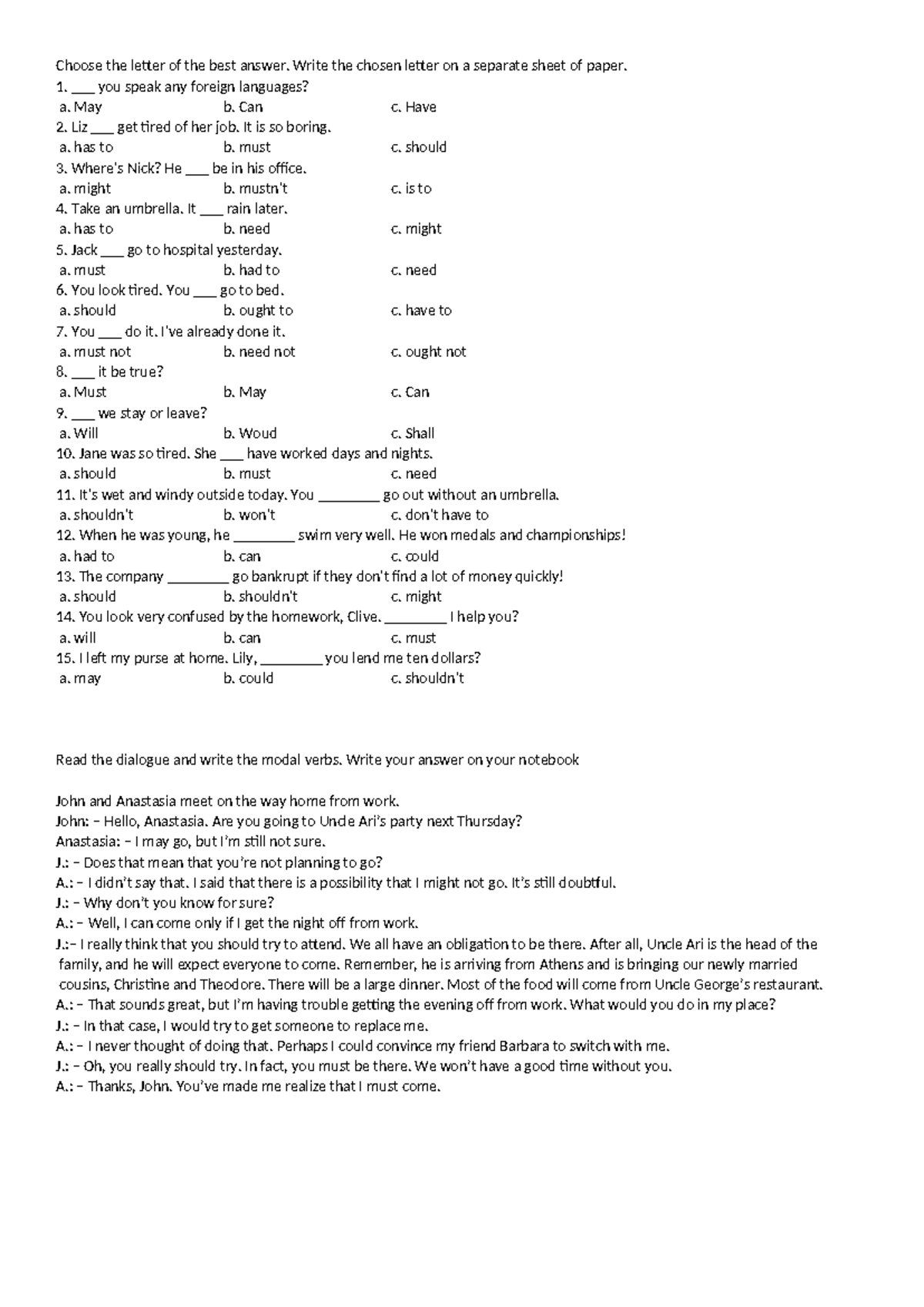 Seatwork for Modals - Choose the letter of the best answer. Write the ...