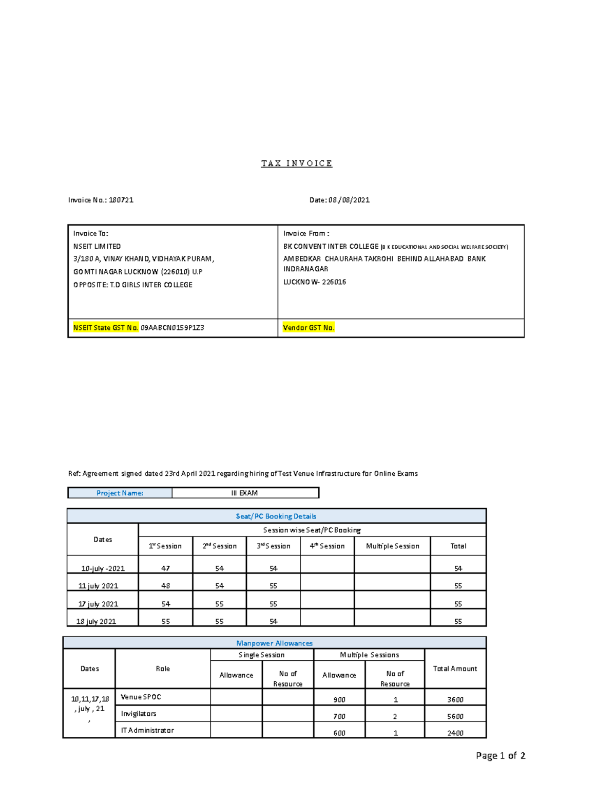 TAX Invoice Format - Manpower Hiring - T A X I N V O I C E Invoice No ...
