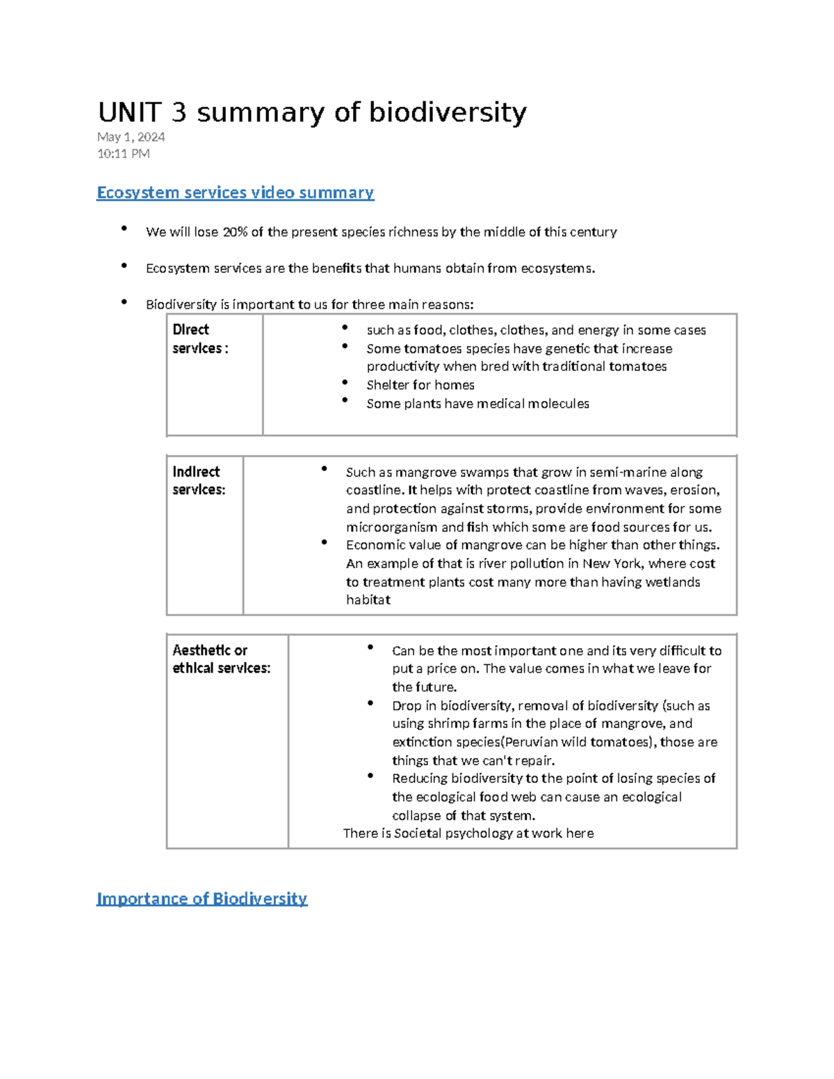 UNIT 3 summary of biodiversity - UNIT 3 summary of biodiversity May 1 ...