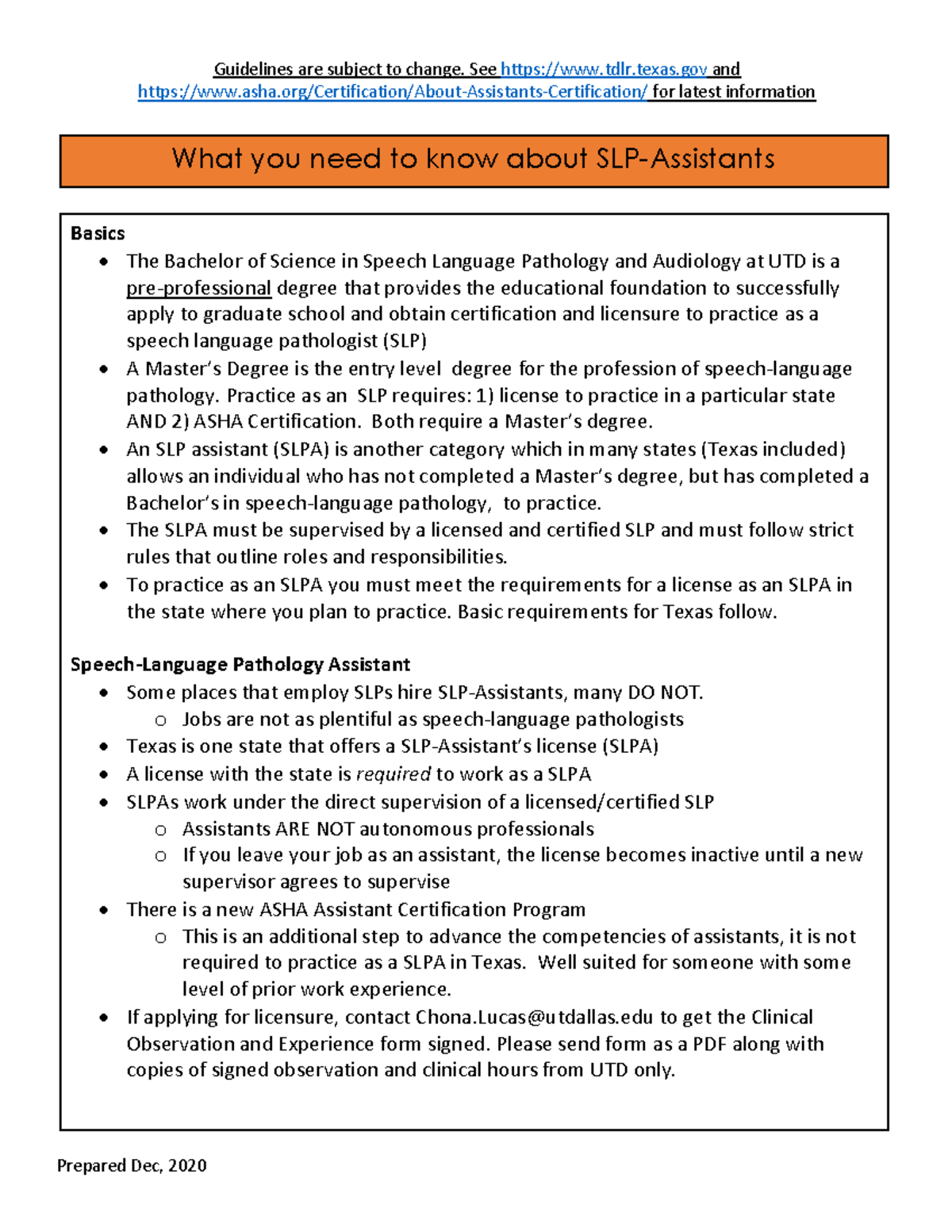 SLP-Assistant Summary - Guidelines are subject to change. See tdlr ...
