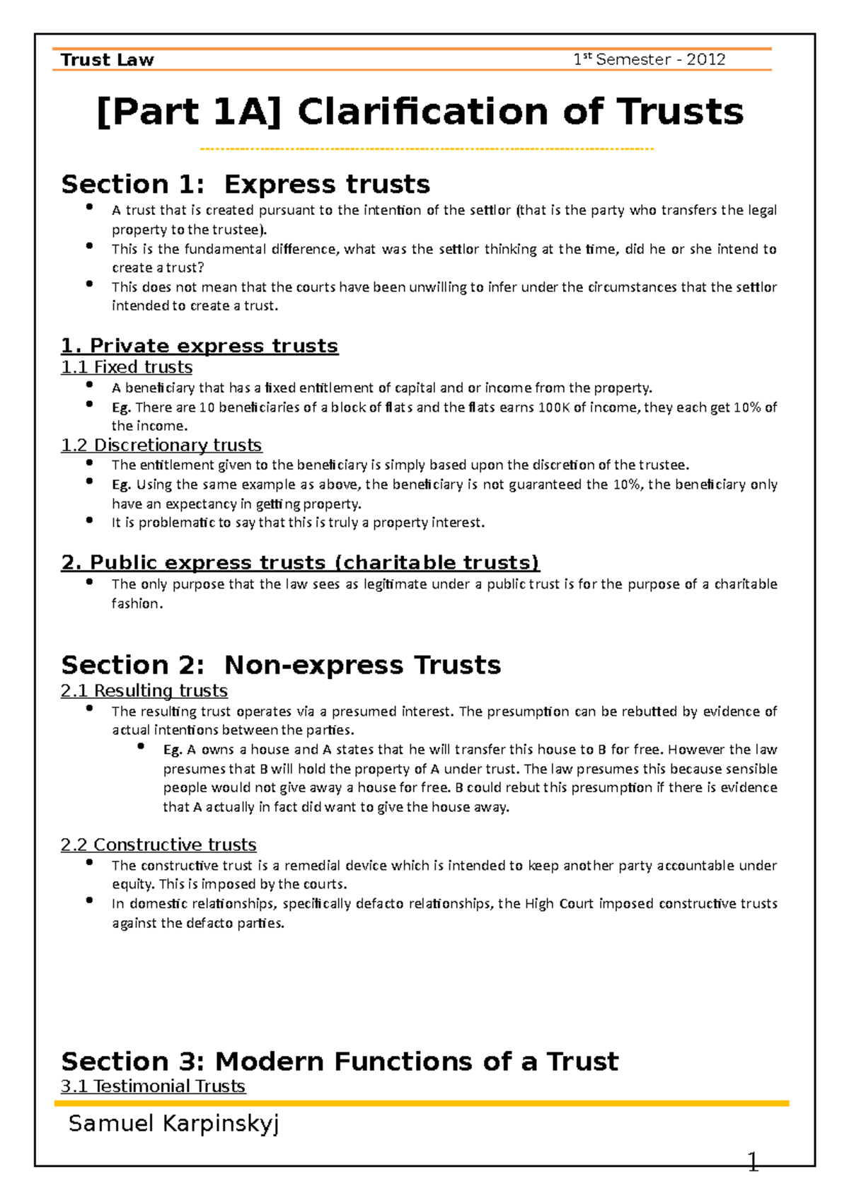 Summary - Complete - Trusts - Trust Law 1st Semester - 2012 [Part 1A ...