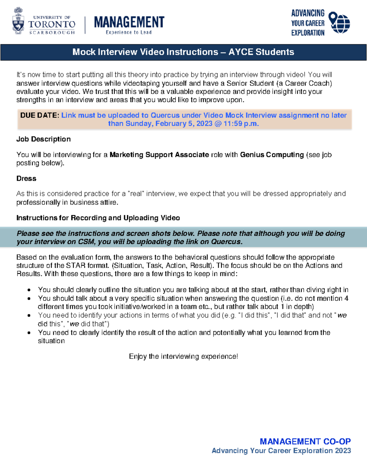 Video Mock Interview Instructions W23 - MANAGEMENT CO-OP It’s now time to start putting all this ...