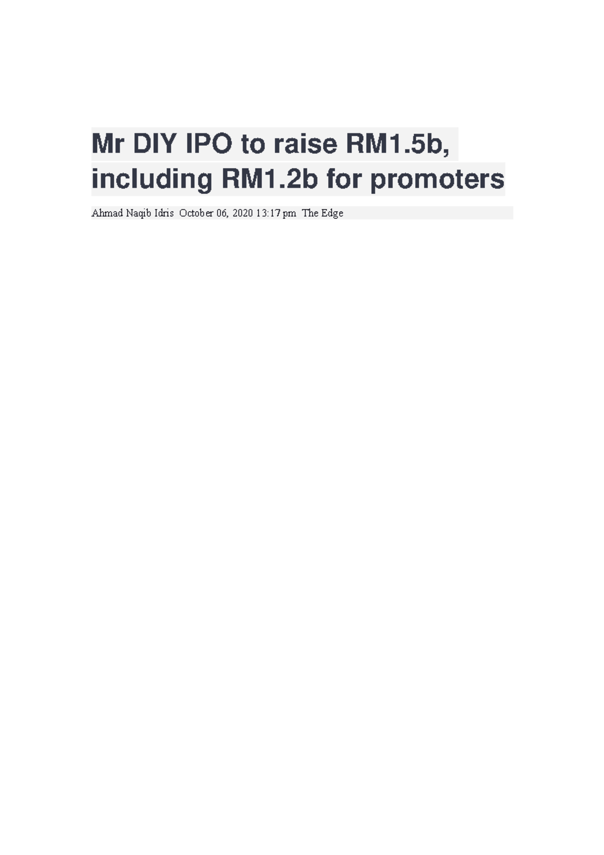 Mr DIY IPO - Business reporting - Mr DIY IPO to raise RM1, including ...