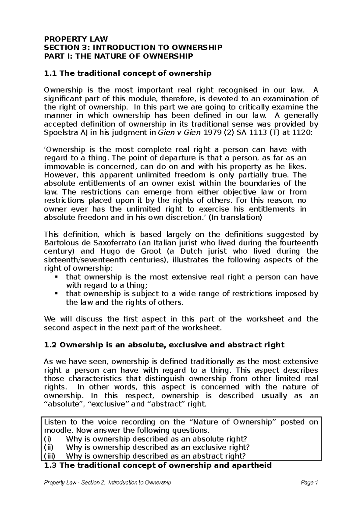 Worksheet 3 Introduction to Ownership - PROPERTY LAW SECTION 3 ...