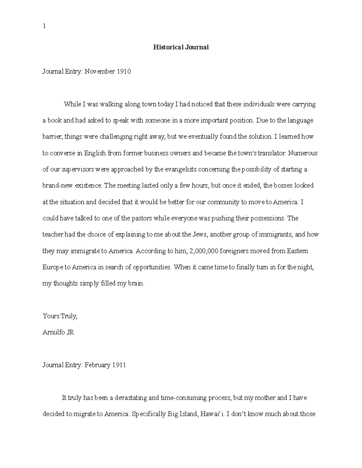 Historical Journal - Historical Journal Journal Entry: November 1910 ...