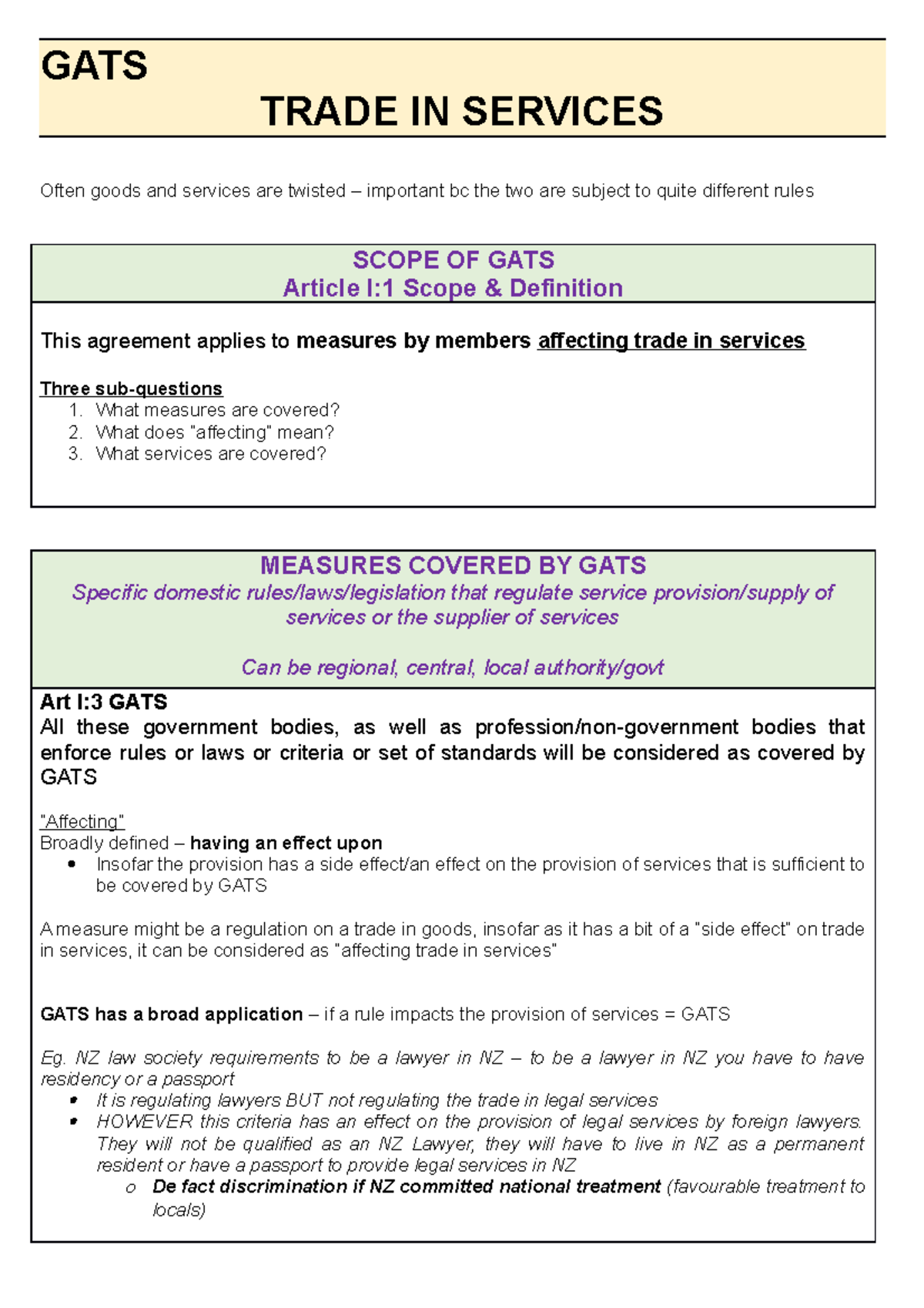 GATS - Study notes for GATS section - GATS TRADE IN SERVICES Often ...