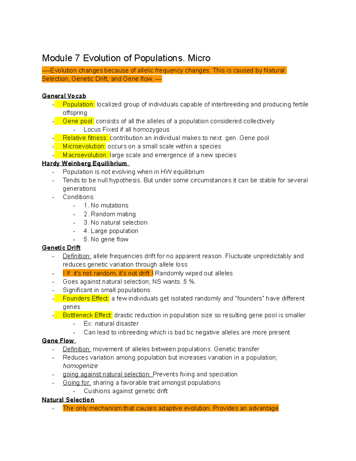 Module 7,8,9 Study Guide - Module 7 Evolution of Populations. Micro ...