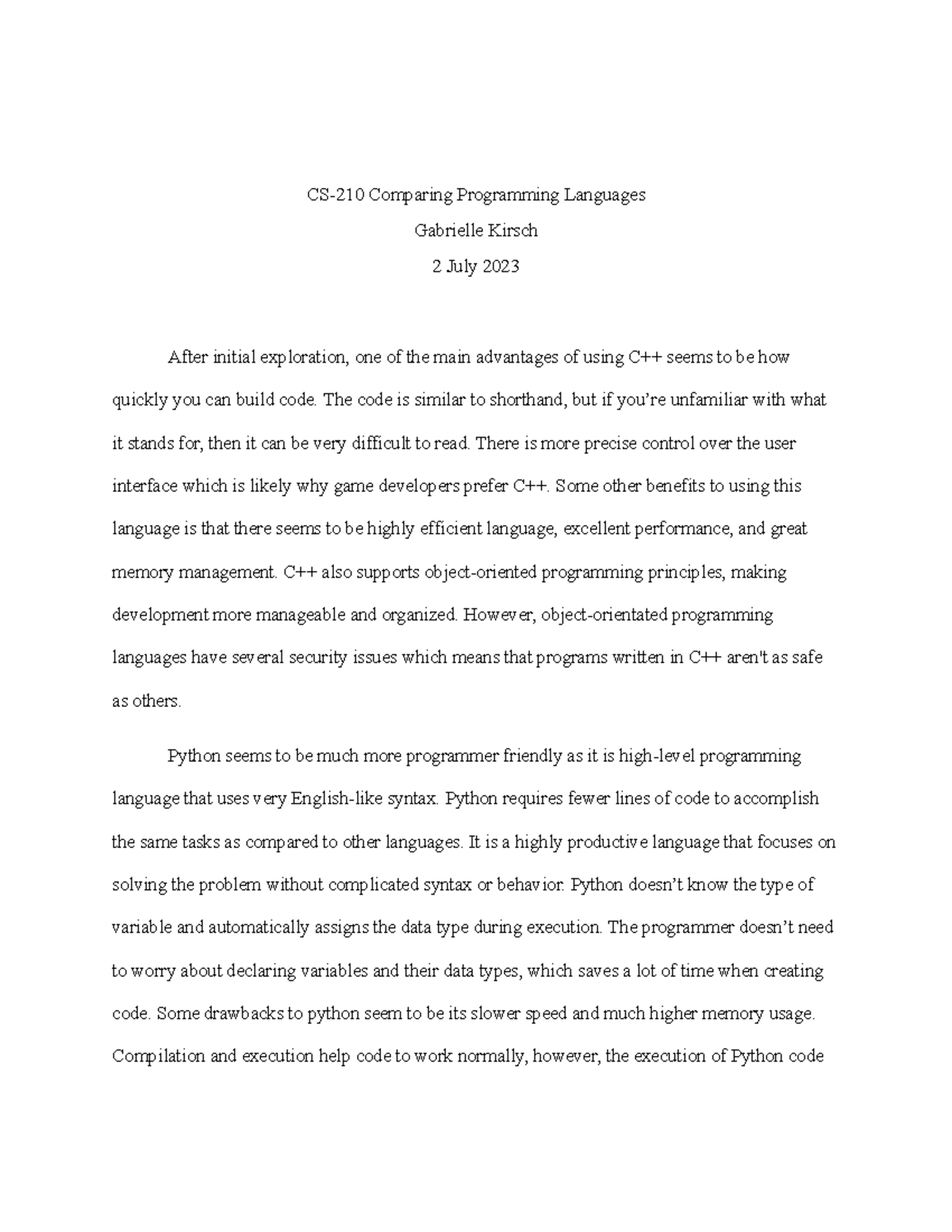Comparing Programming Languages Cs 210 Comparing Programming