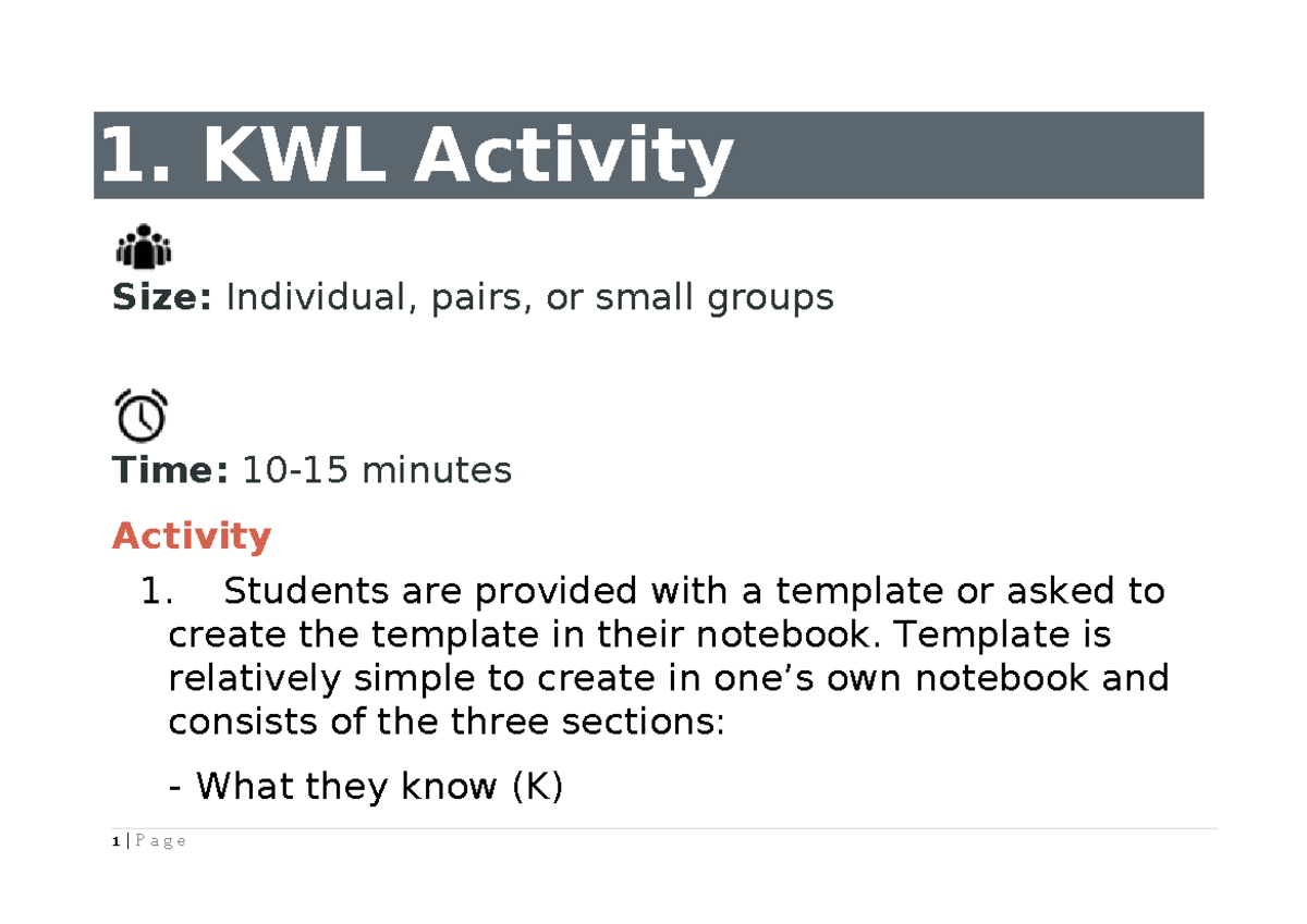 Active Learning Stragies - 1. KWL Activity Size: Individual, pairs, or small groups Time: 10-15 ...