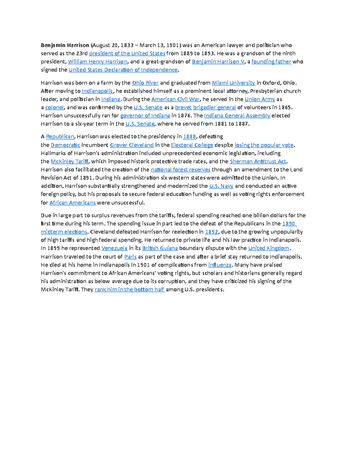 Benjamin harrison - united-states president - Benjamin Harrison (August ...