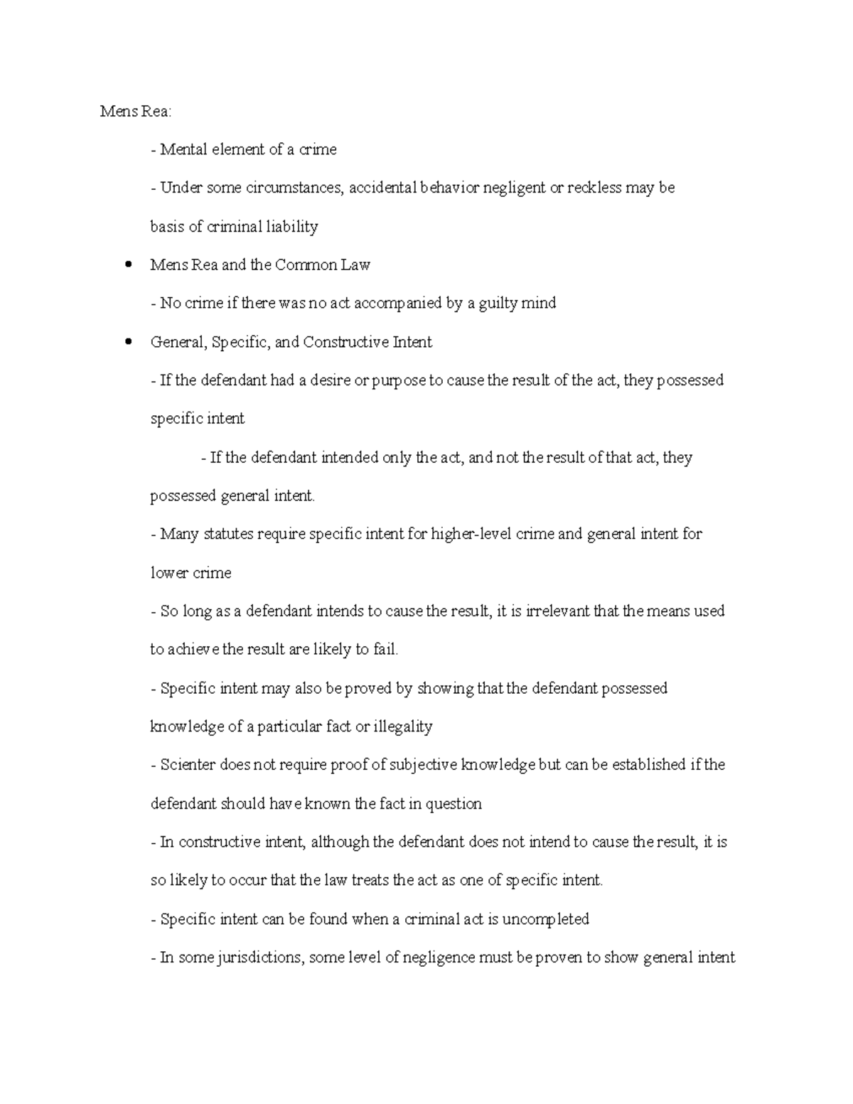 Summary 5 - ear - Mens Rea: - Mental element of a crime - Under some ...