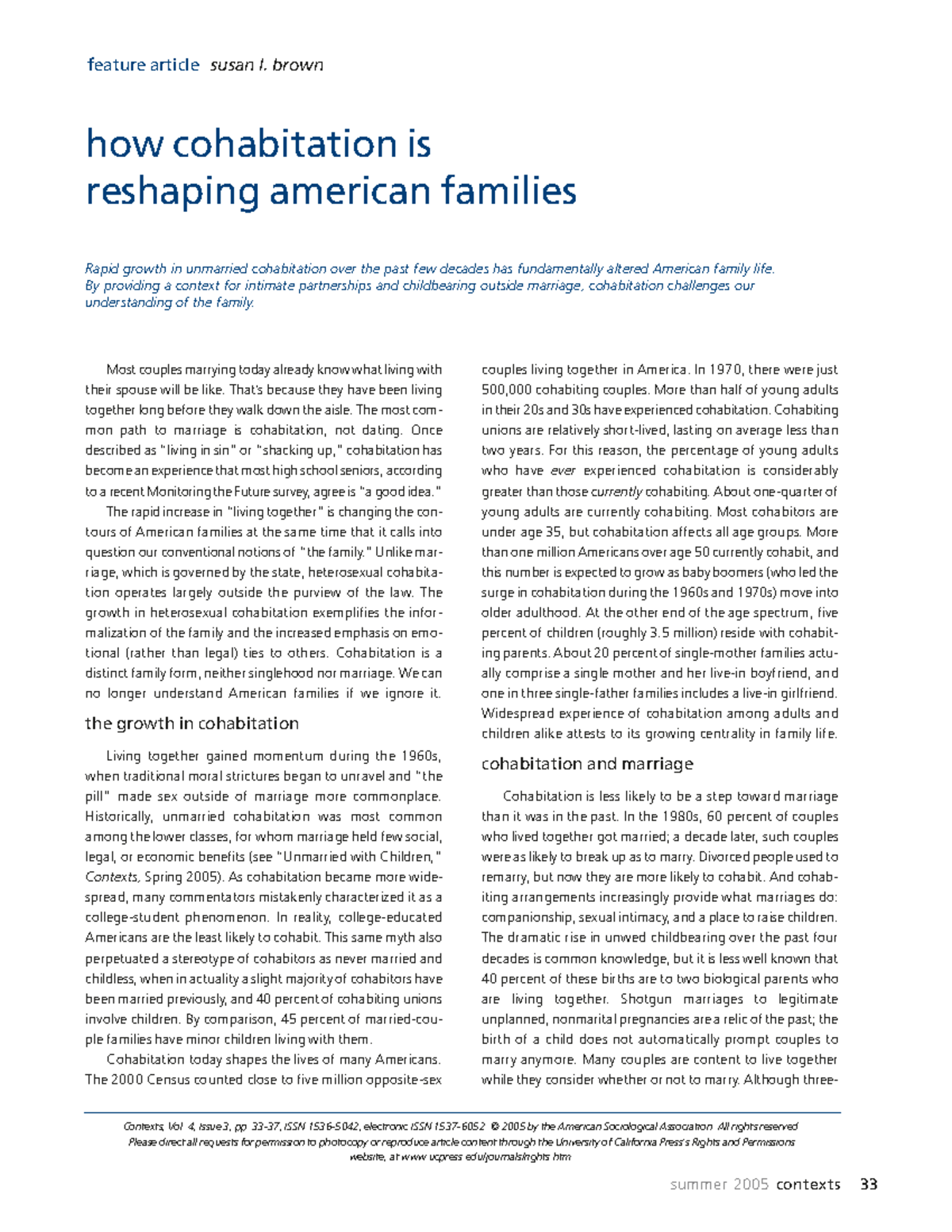 Brown - 2005 - How Cohabitation is Reshaping American Families - summer ...