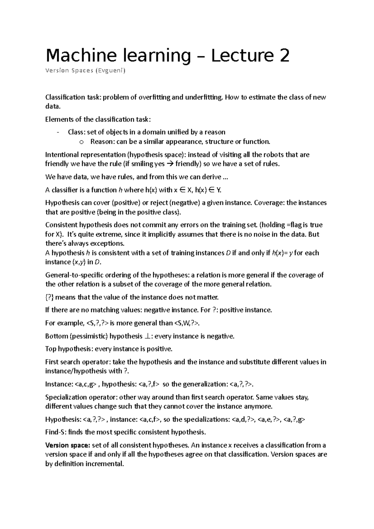 Lecture 2 - Version Spaces - Machine learning – Lecture 2 Version ...