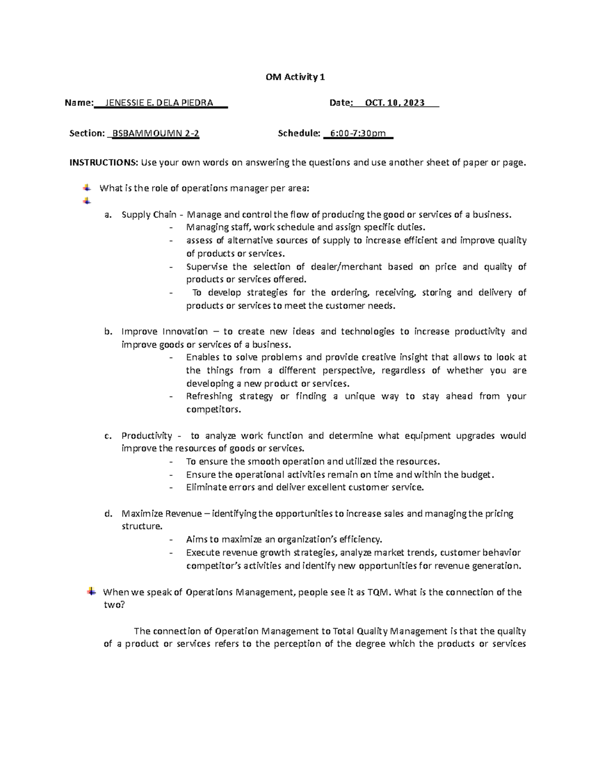 OM-Activity-1 - Assesment2 - OM Activity 1 Name: JENESSIE E. DELA ...