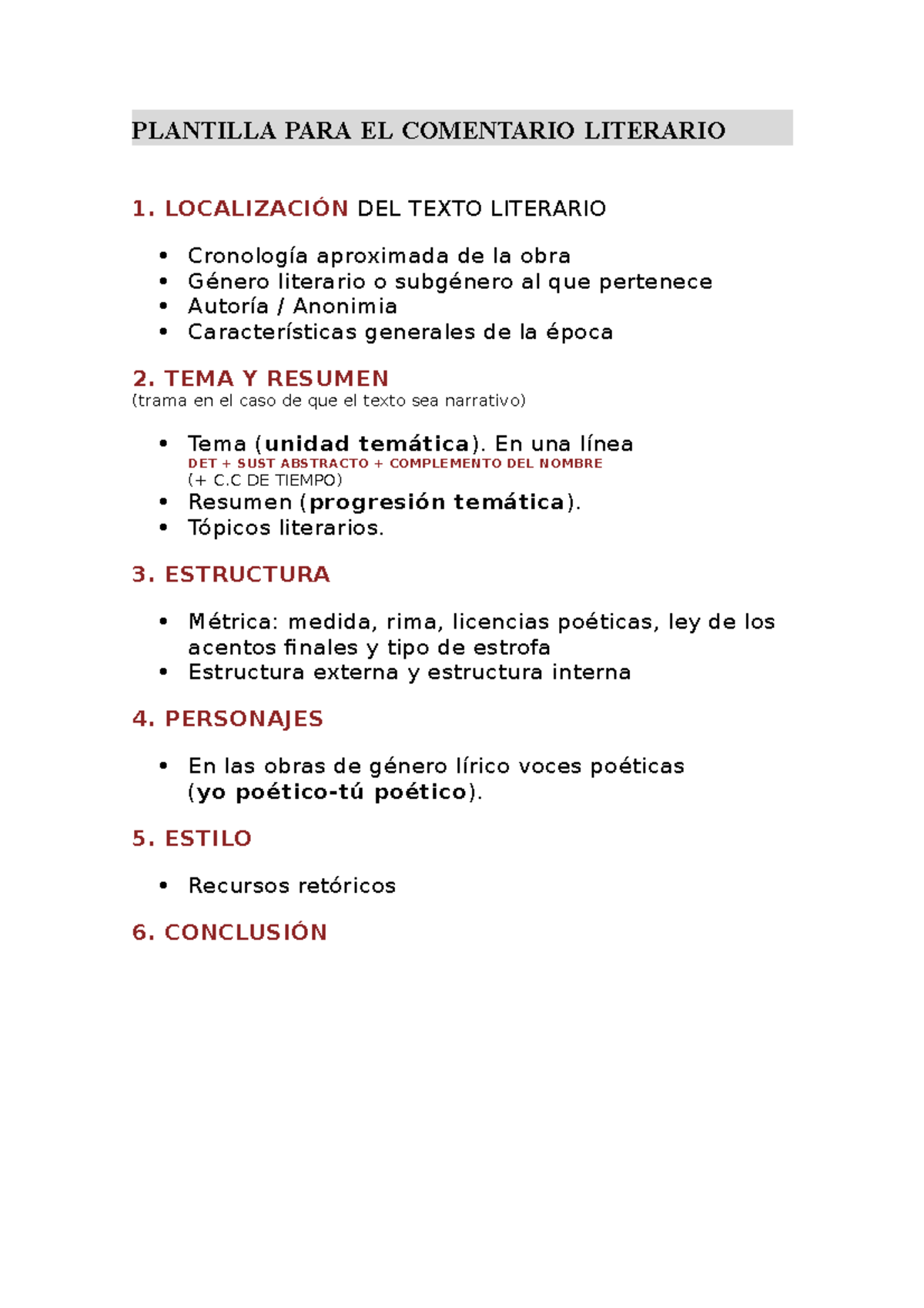 Esquema comentario literario - PLANTILLA PARA EL COMENTARIO LITERARIO 1. LOCALIZACIÓN DEL TEXTO ...