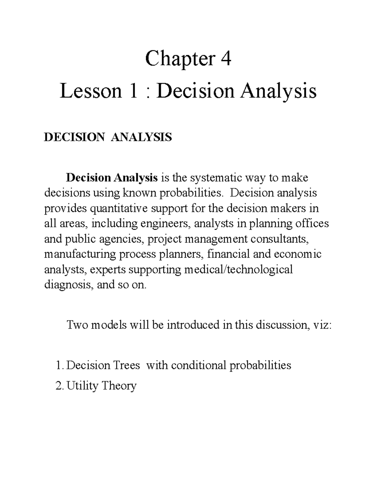 Chapter 4 - Lesson 1 - Decision Analysis - Lecture Notes - Chapter 4 ...