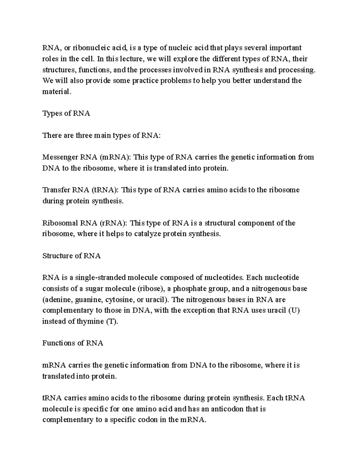 RNA Notes 1 - Google Docs - RNA, or ribonucleic acid, is a type of ...