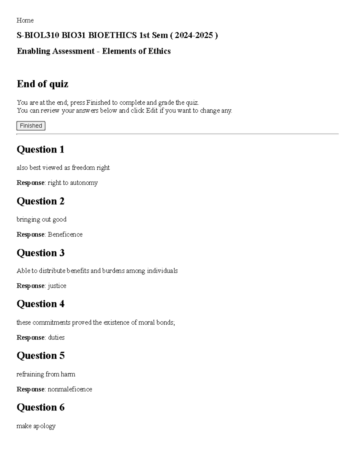 Bioethics quiz ethical - Home S-BIOL310 BIO31 BIOETHICS 1st Sem ( 2024 ...