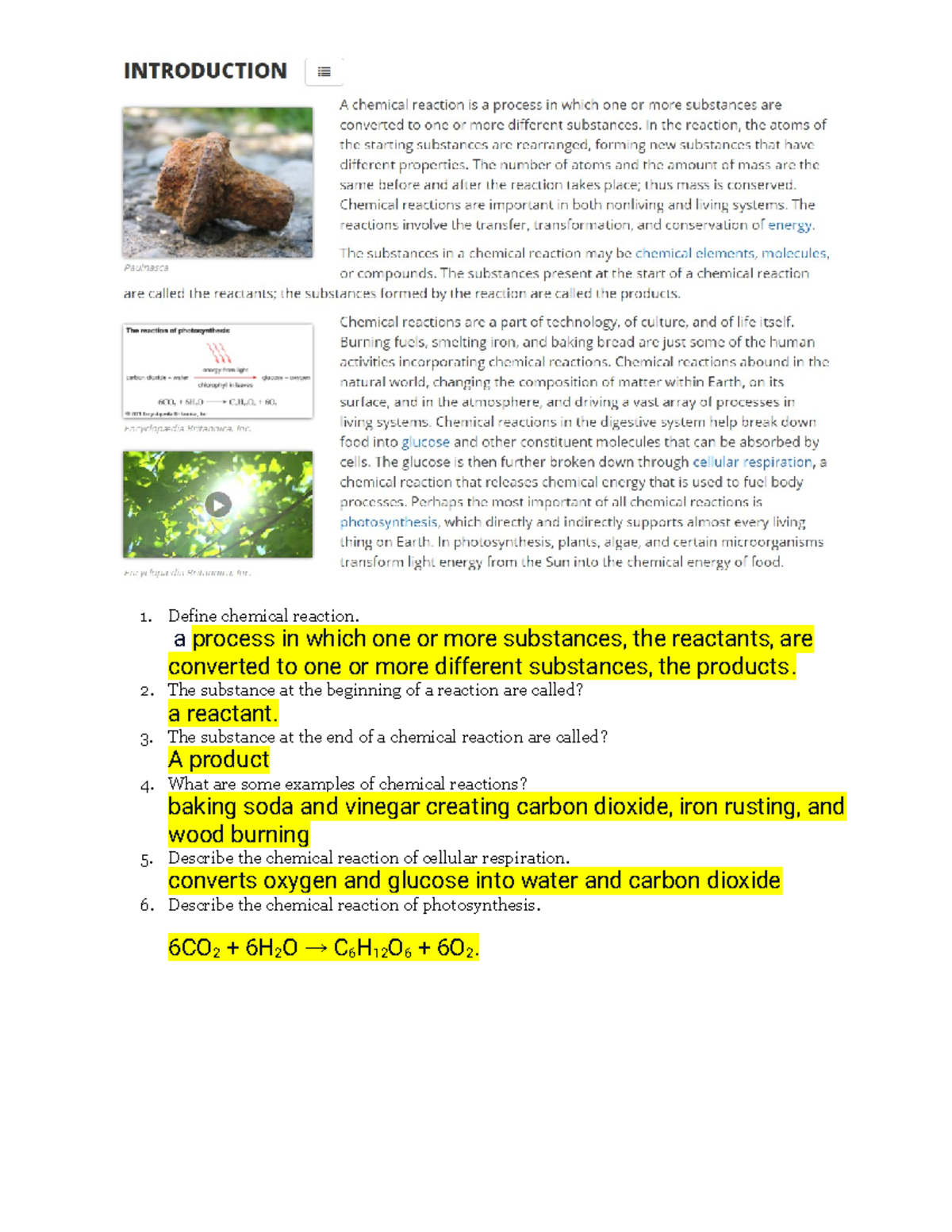 Evidence of Chemical Reactions - 1. Define chemical reaction. a process ...