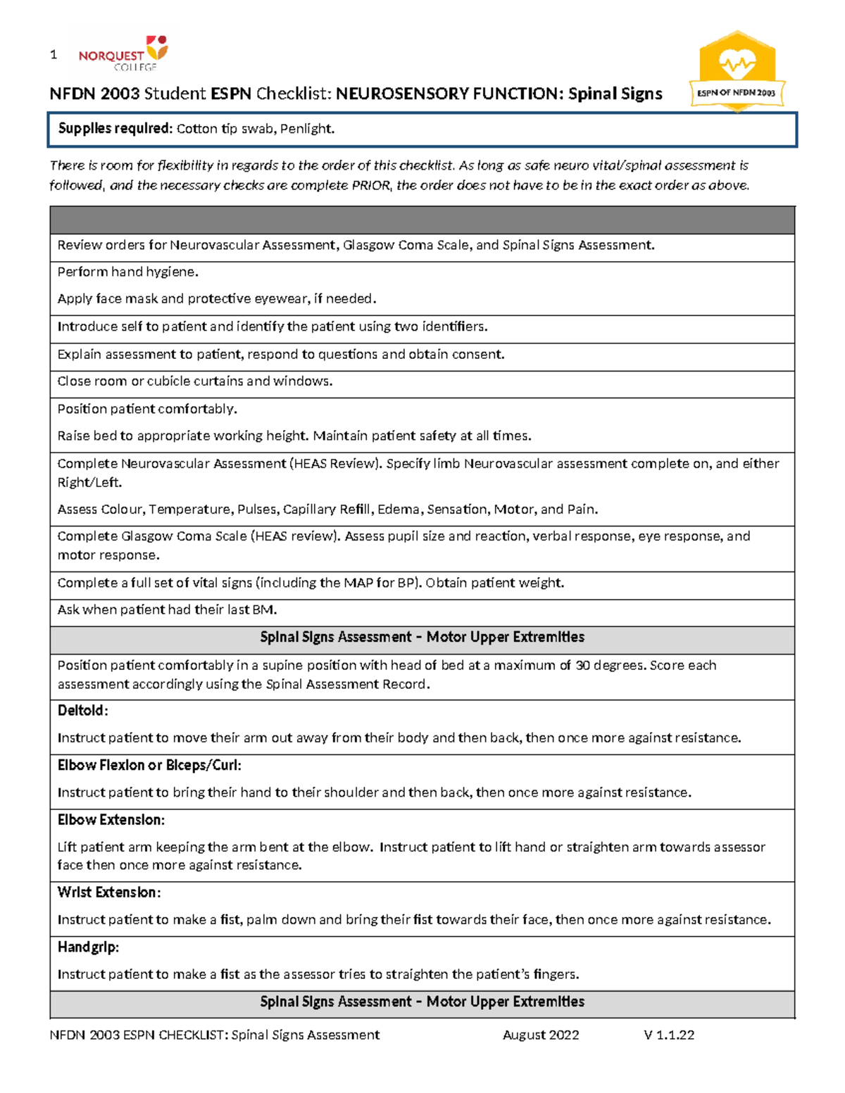 NFDN 2003 Student ESPN Checklist Spinal Signs 2 - NFDN 2003 Student ...