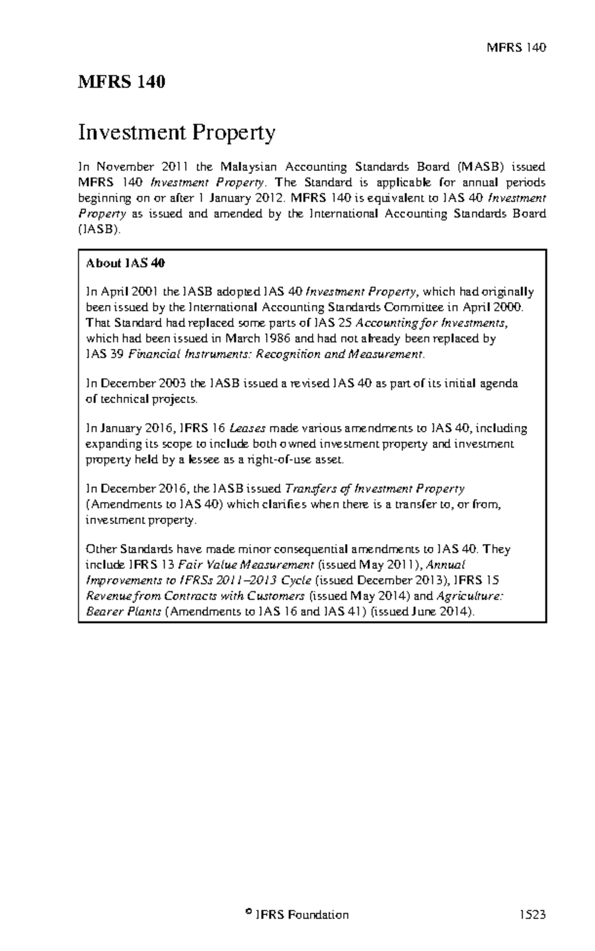 MFRS 140 Full Standards MFRS 140 Investment Property In November