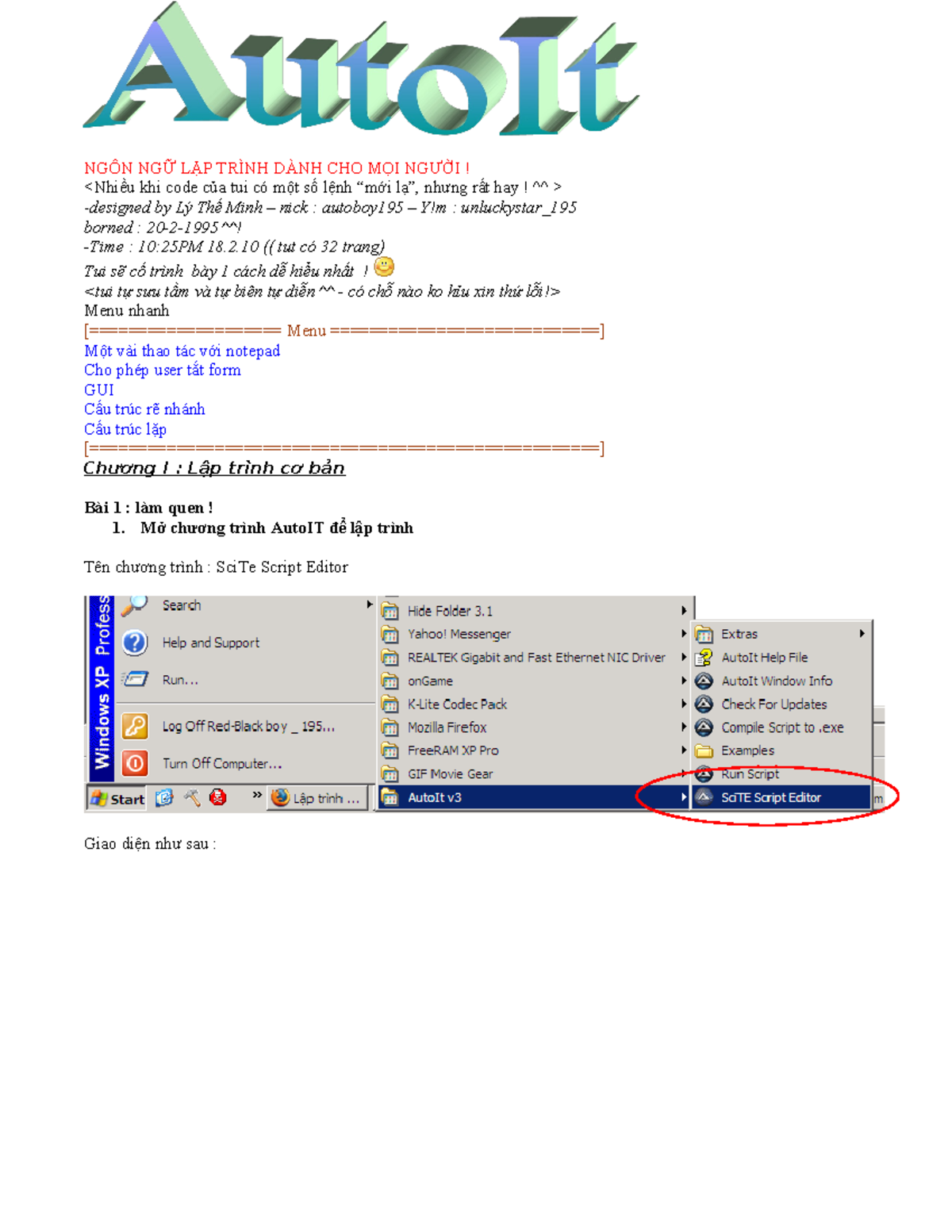 Tu hoc autoit 8012 - Summary Tin học cơ bản - NGÔN NGỮ LẬP TRÌNH DÀNH CHO MỌI NGƯỜI!