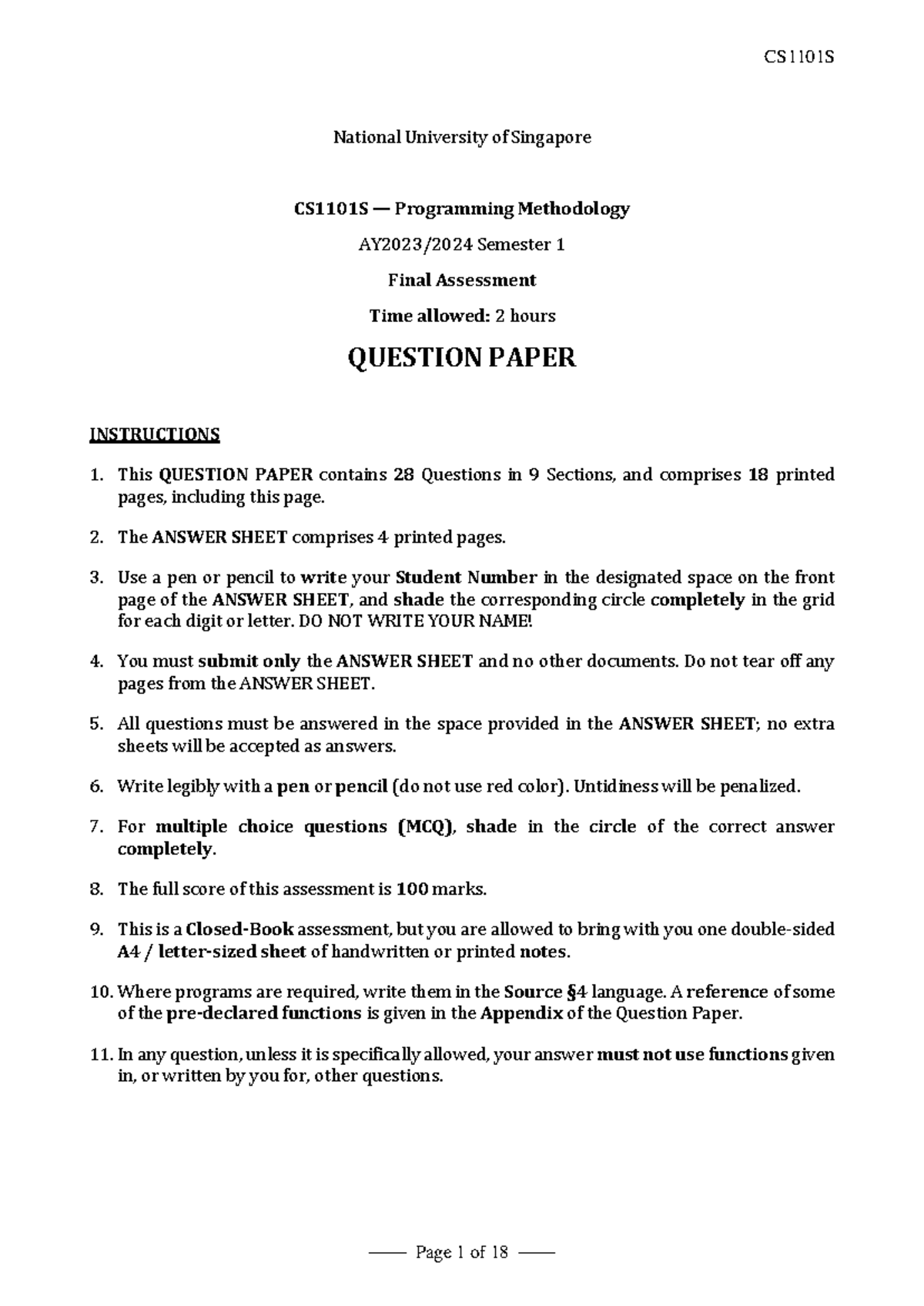 Cs1101s 2324s1 final question paper - National University of Singapore ...