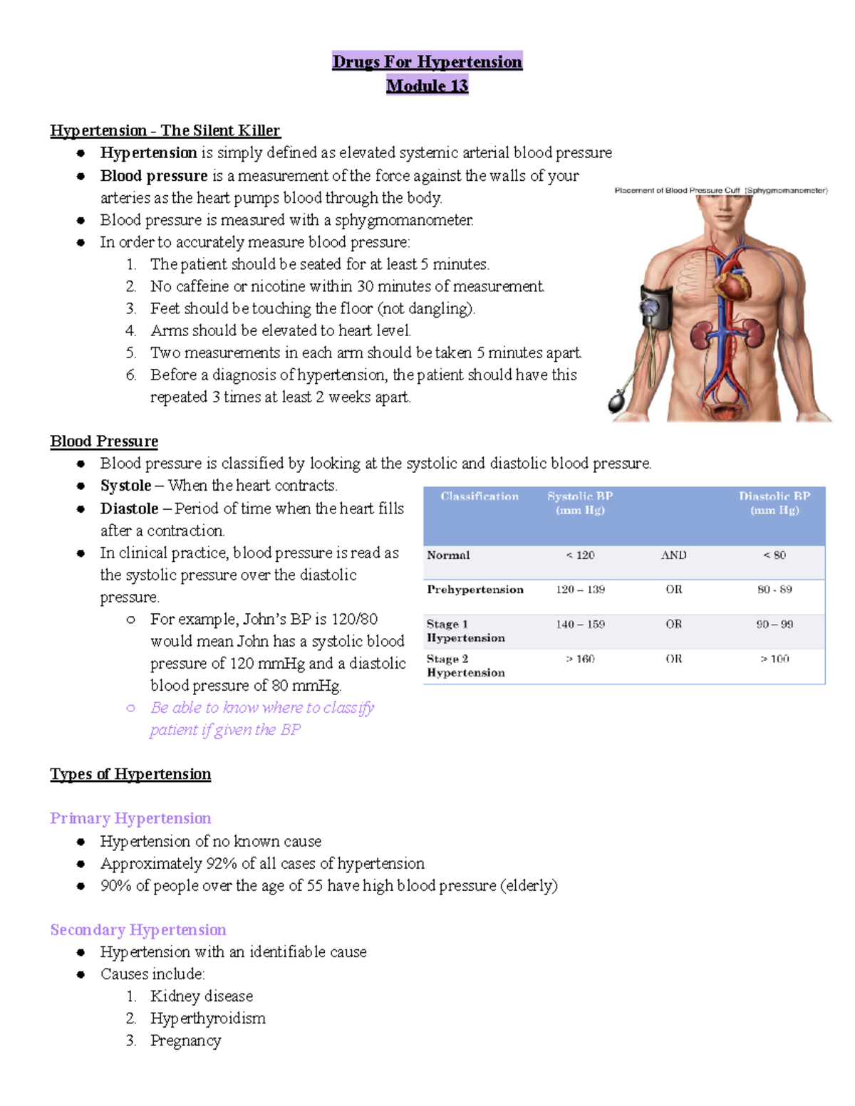 Pharm 2060 Final Notes - Drugs For Hypertension Module 13 Hypertension ...